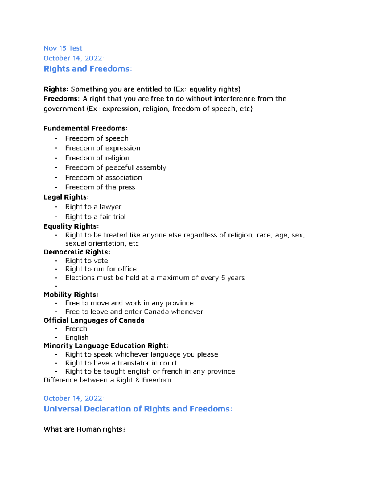 Law Unit 2 Notes - Nov 15 Test October 14, 2022: Rights and Freedoms ...