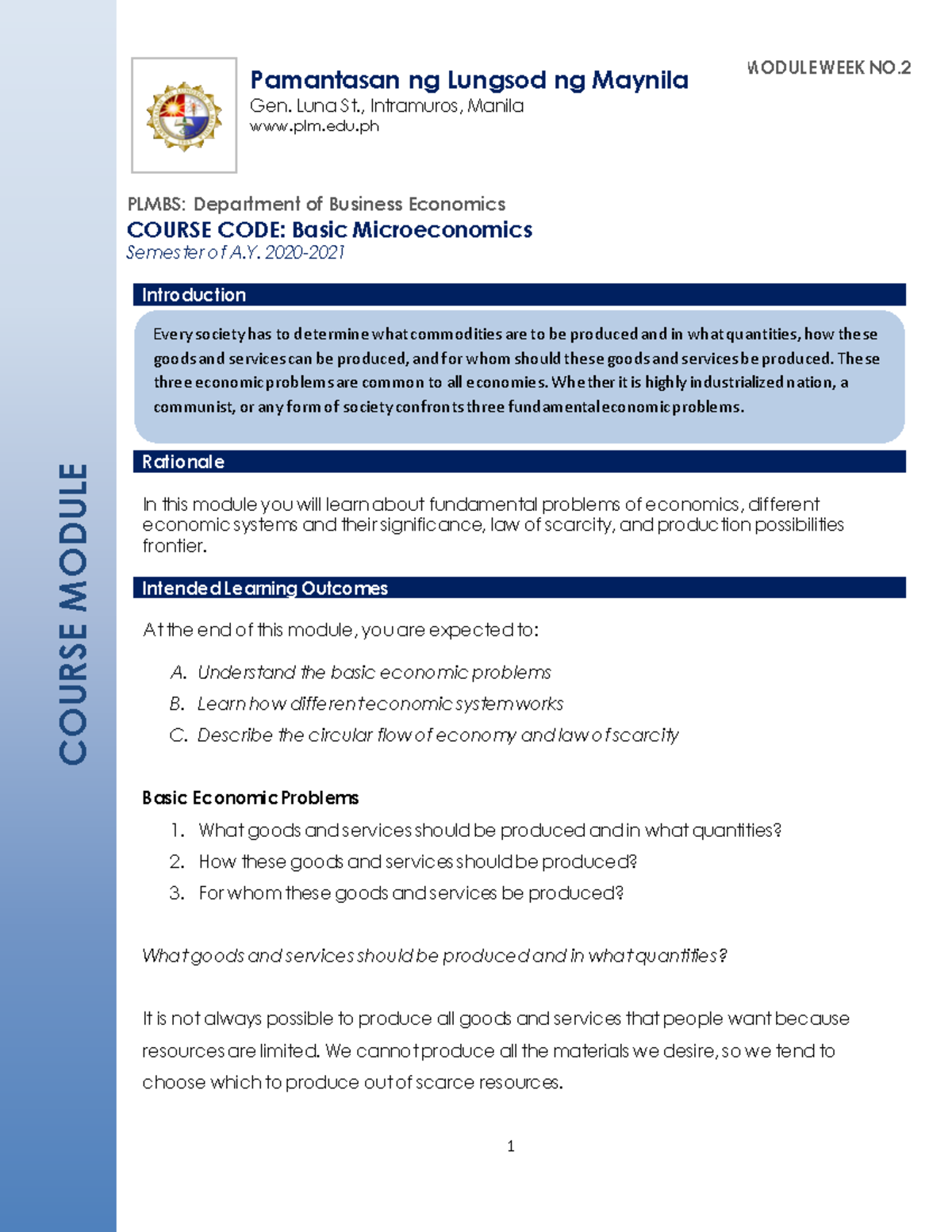 Course Module Basic Microeconomics Week 2 - Copy - COURSE MODULE PLMBS ...