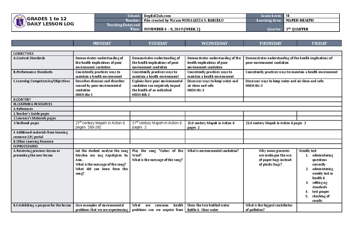 DLL Mapeh- Health 6 Q3 W2 - GRADES 1 to 12 DAILY LESSON LOG School ...
