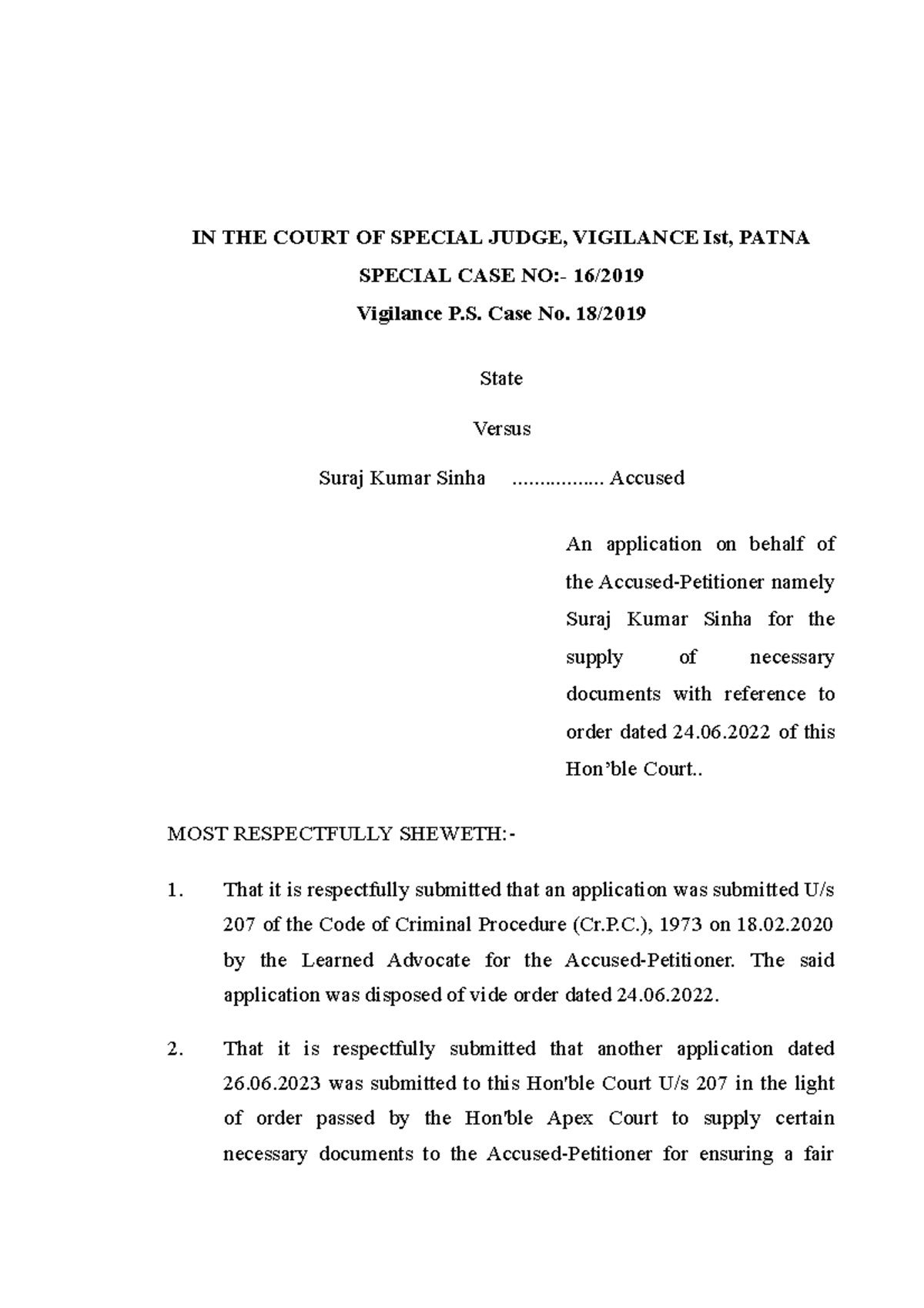 Supply of documents application - IN THE COURT OF SPECIAL JUDGE ...