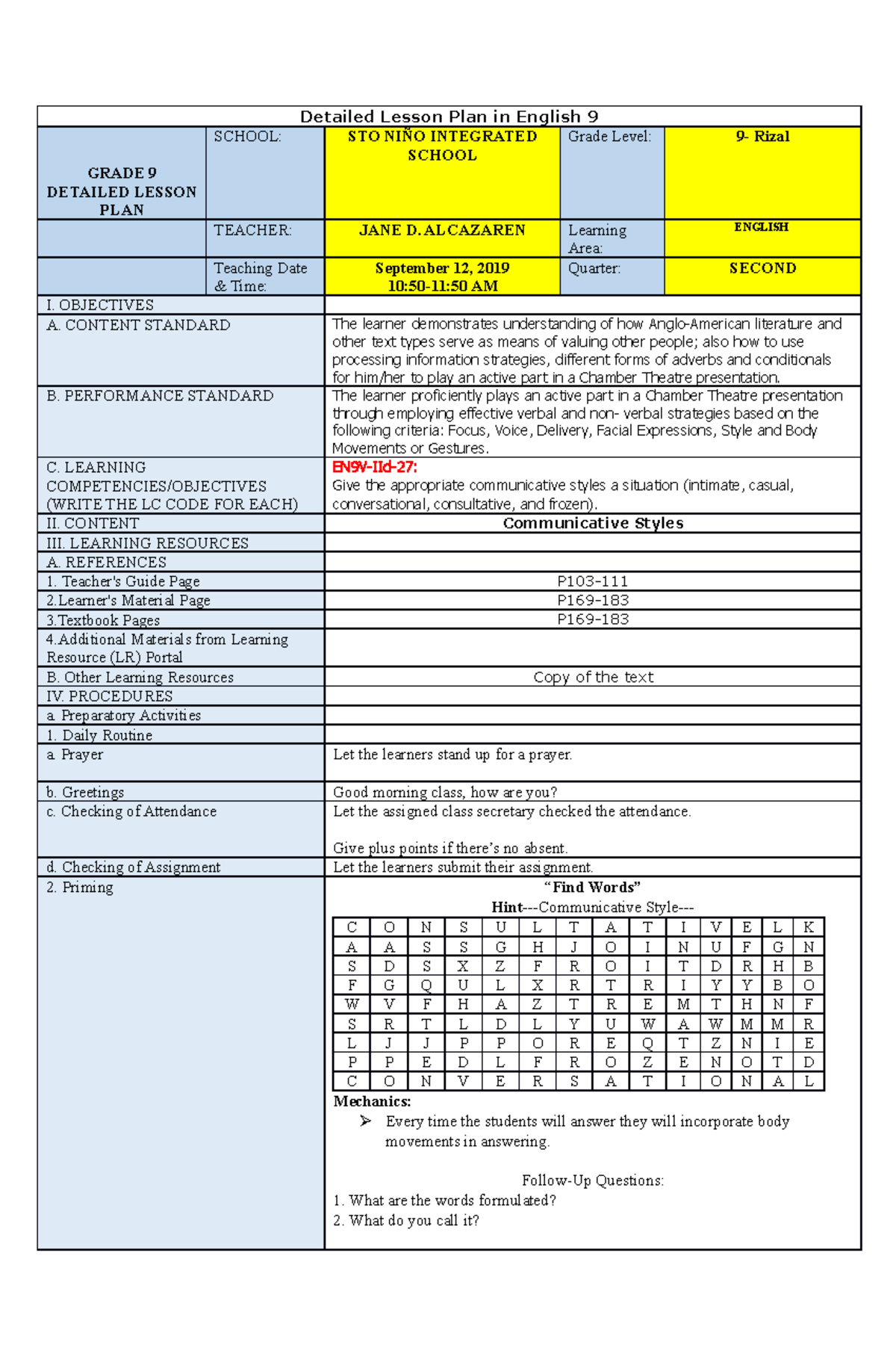 434594933 Detailed Lesson Plan in English 9 - Detailed Lesson Plan in ...