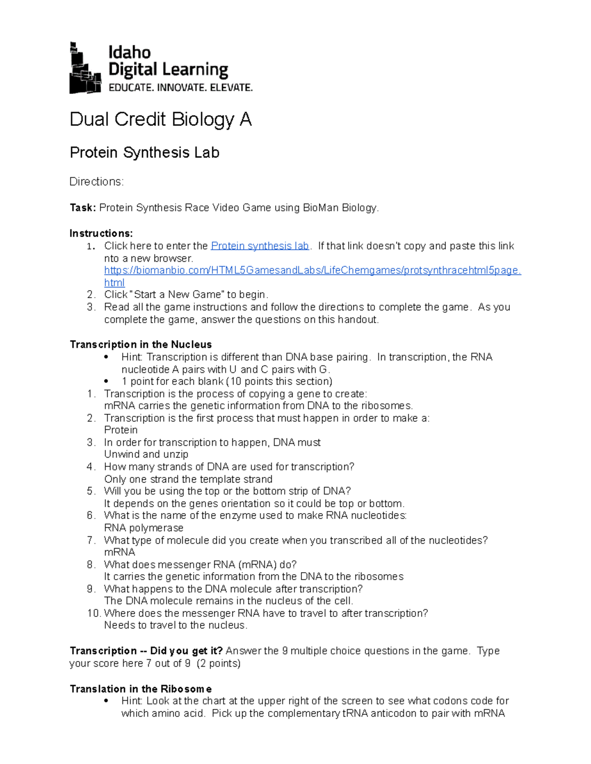 Protein Synthesis Lab - It is an IDLA class in biology. - Dual Credit ...