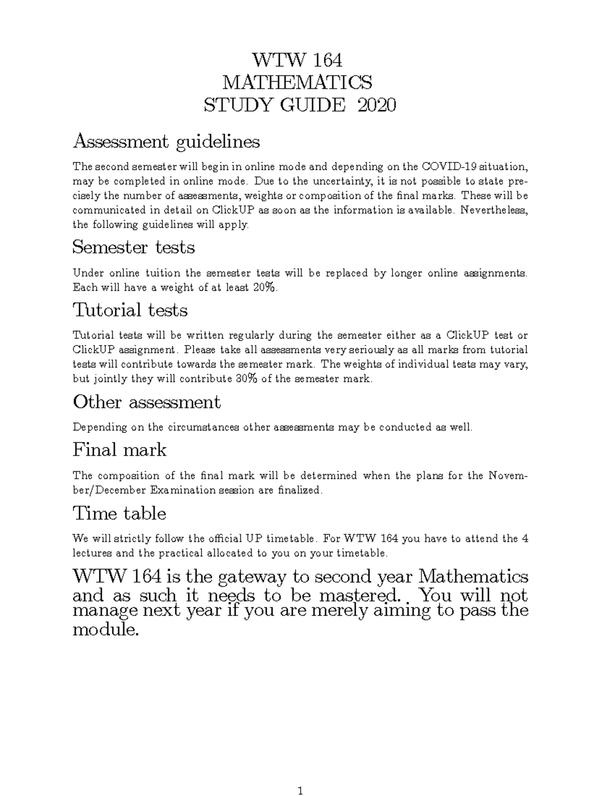 WTW164 - Study guide - WTW 164 MATHEMATICS STUDY GUIDE 2020 Assessment ...