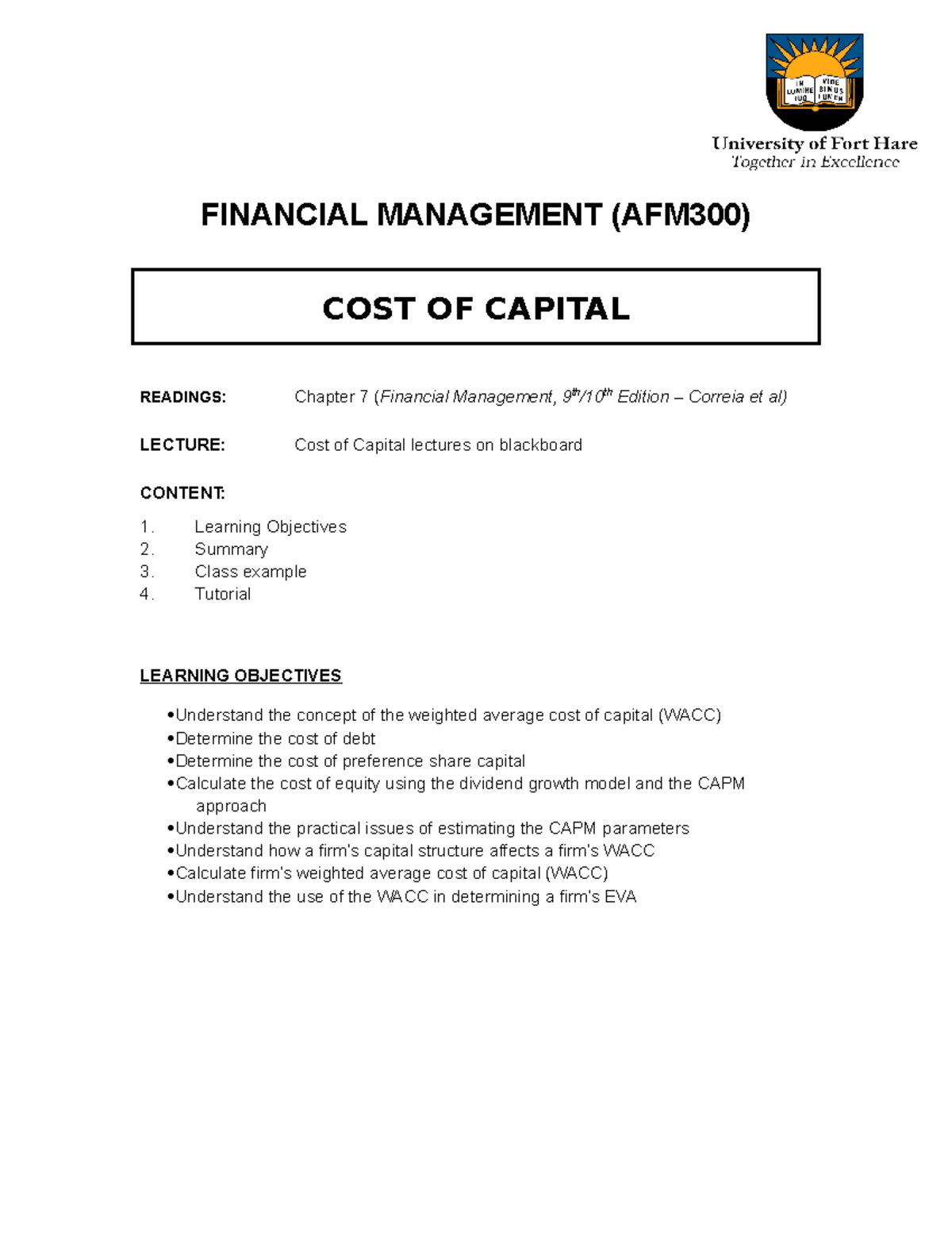 Cost of Capital - Overarching Document - FINANCIAL MANAGEMENT (AFM300) COST OF CAPITAL READINGS ...