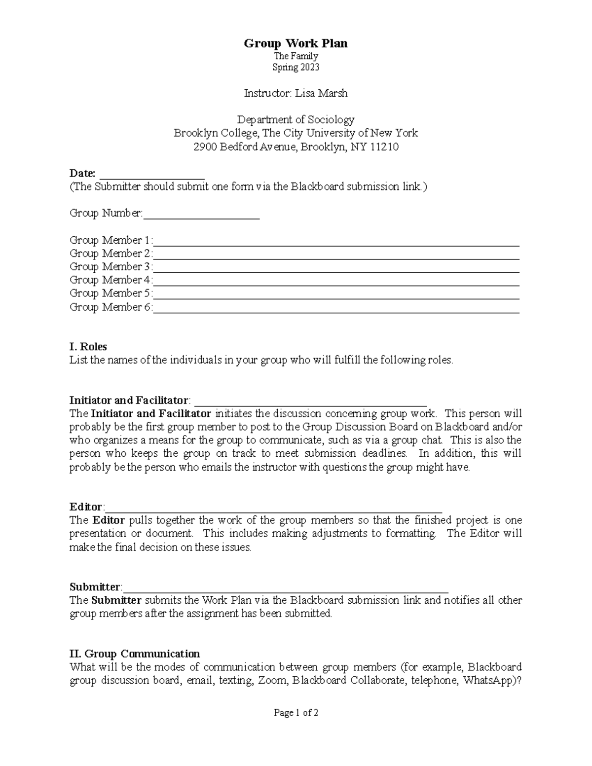 Group Work Plan Spring 2023 Family - Group Work Plan The Family Spring ...