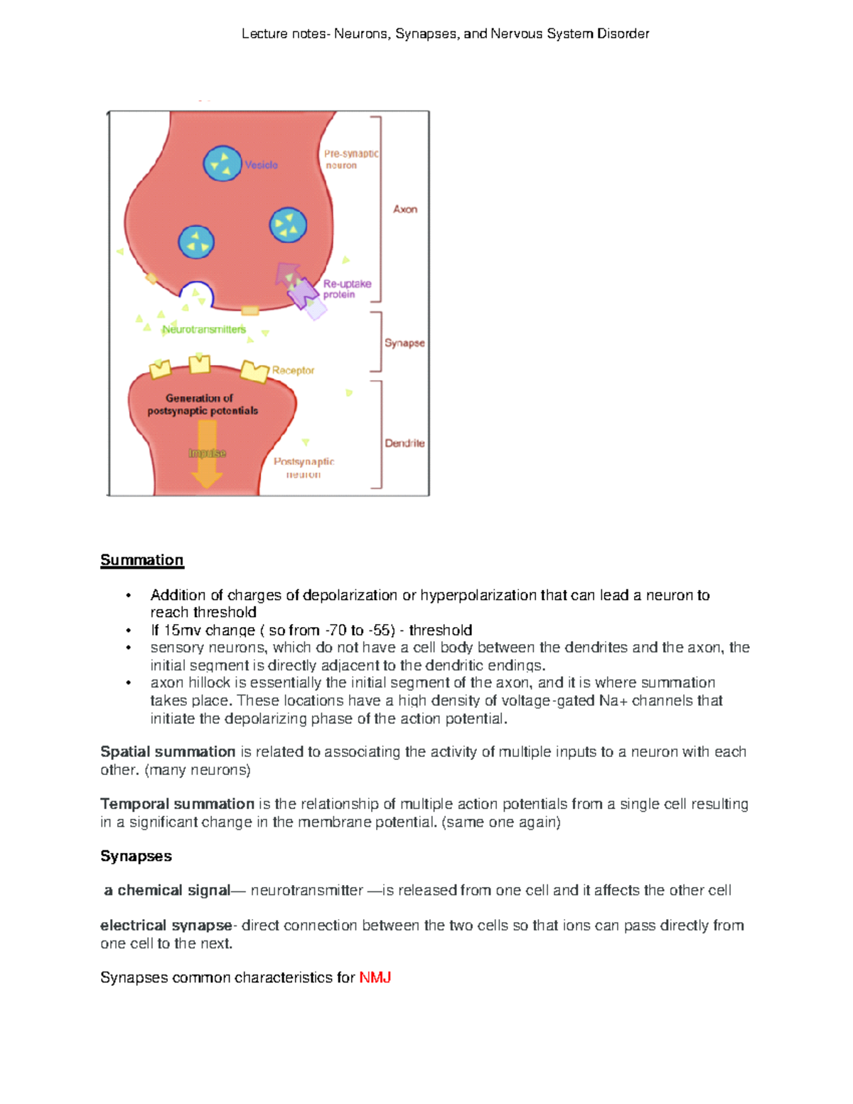 Lecture notes- Neurons, Synapses, and Nervous System Disorders ...