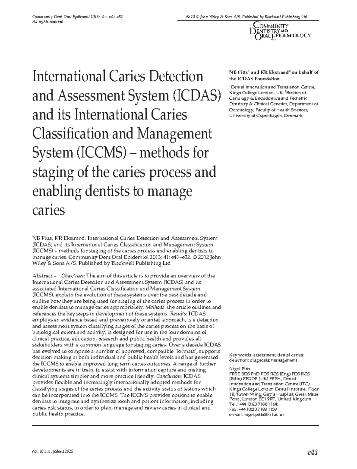 Pitts, 2012 Icdas - International Caries Detection and Assessment ...