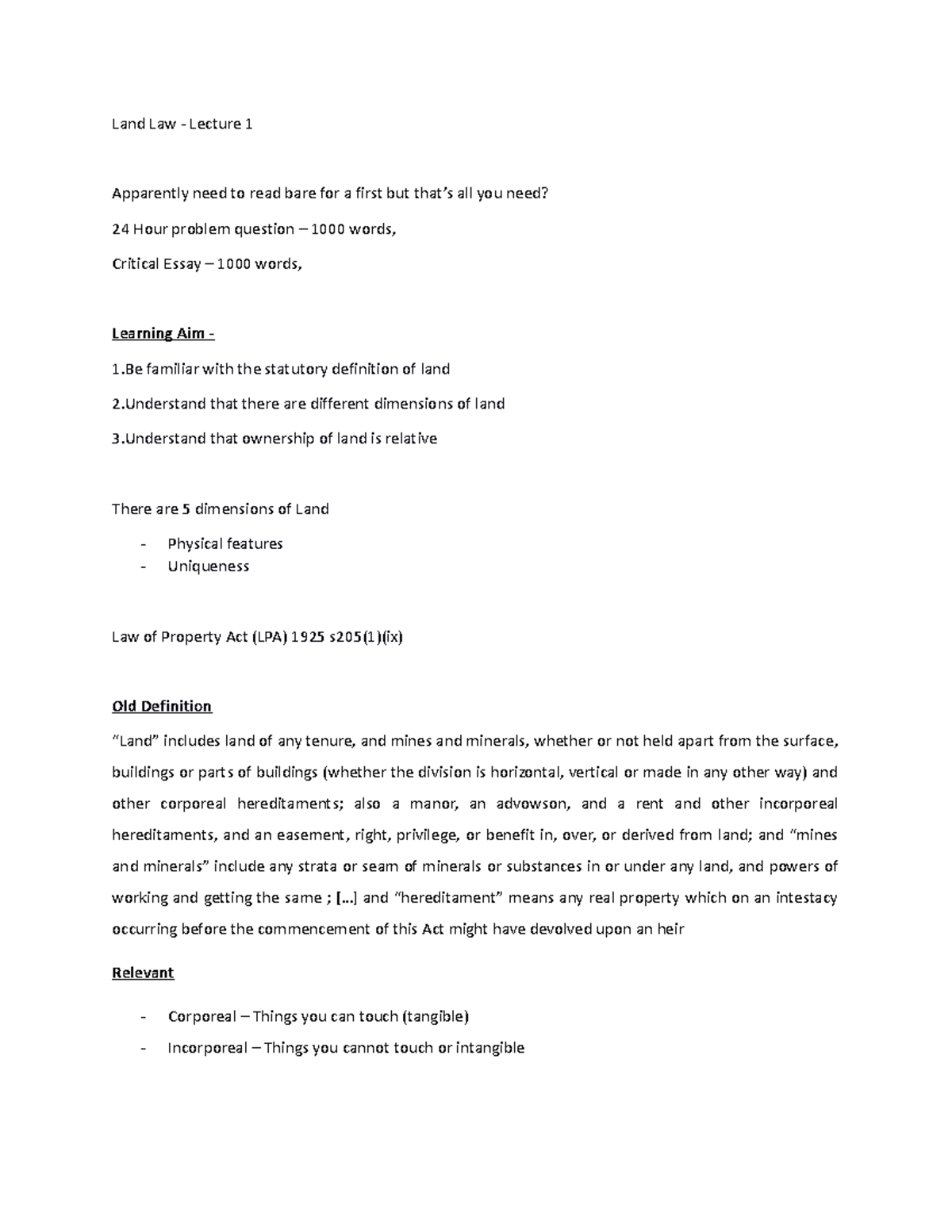 Land Law - Week 1 - Week 1 lecture notes - Land Law - Lecture 1 ...