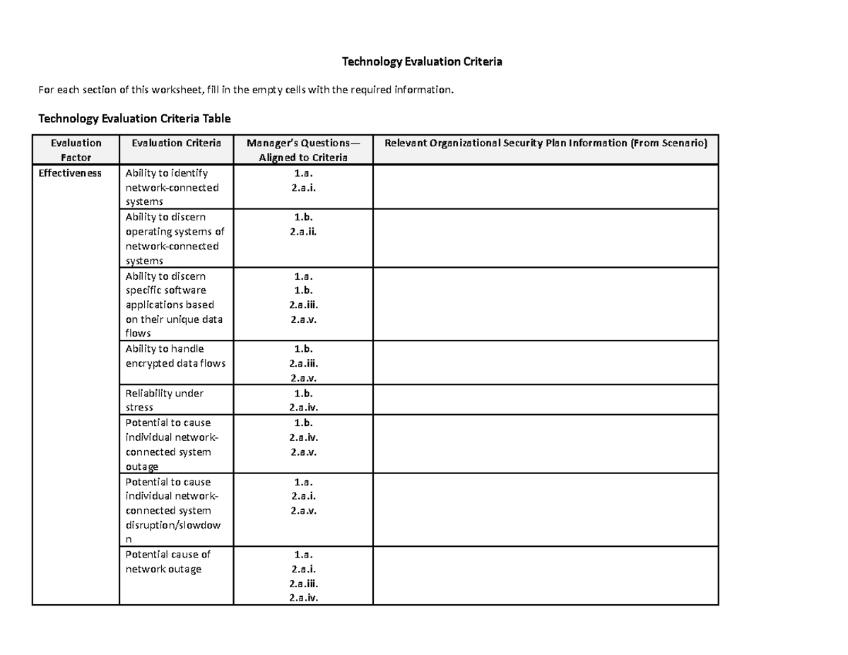 Technology Evaluation - Technology Evaluation Criteria Table Evaluation ...