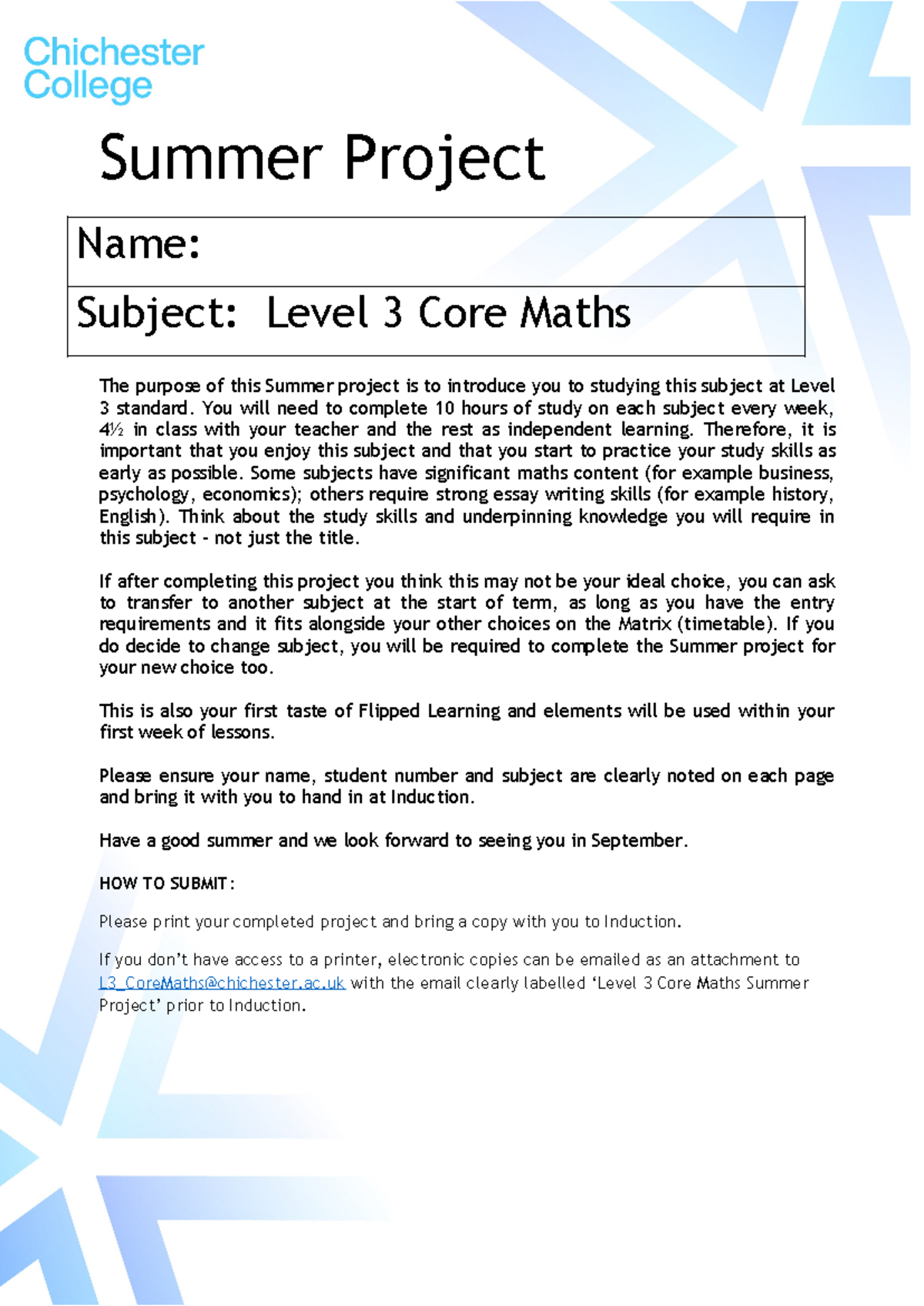 Level 3 Core Maths Summer Project - Summer Project The purpose of this ...
