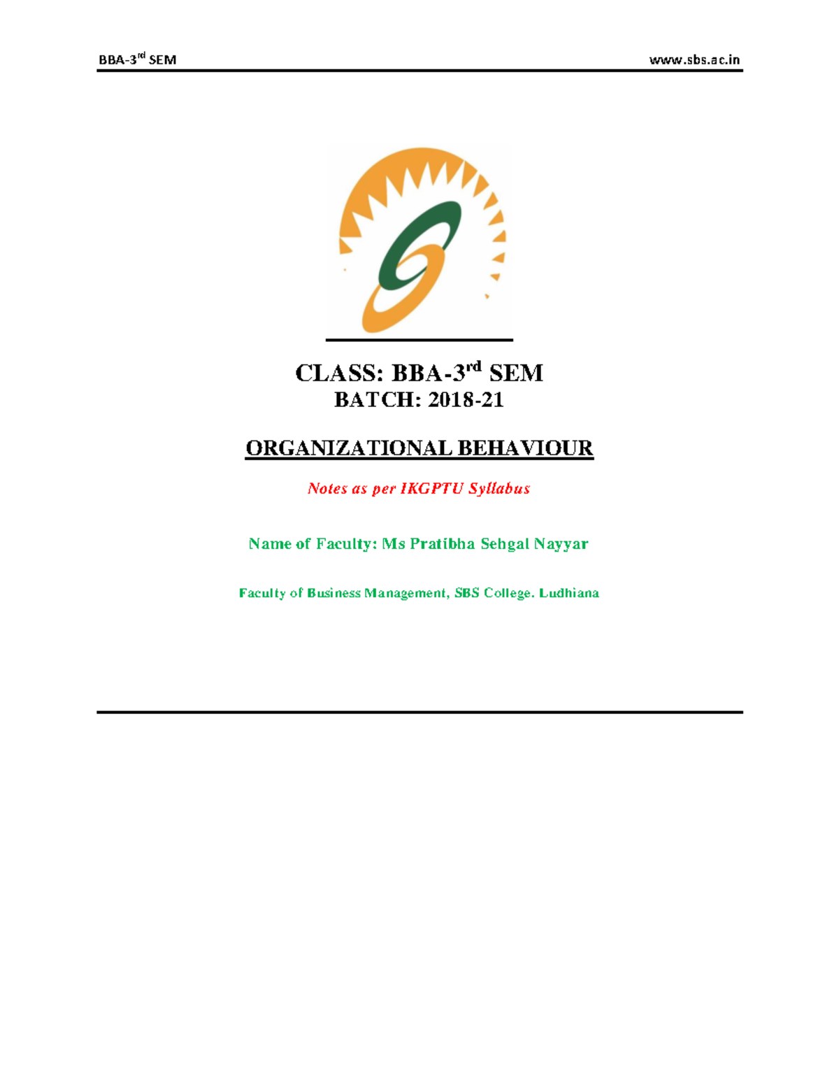 Behaviour management - CLASS: BBA-3rd SEM BATCH: 2018- ORGANIZATIONAL ...