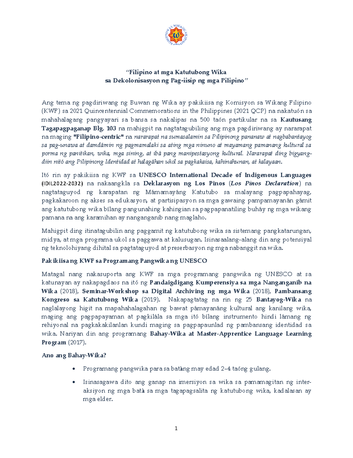 Paliwanag sa Tema ng Buwan ng Wika taong 2021 - “Filipino at mga ...