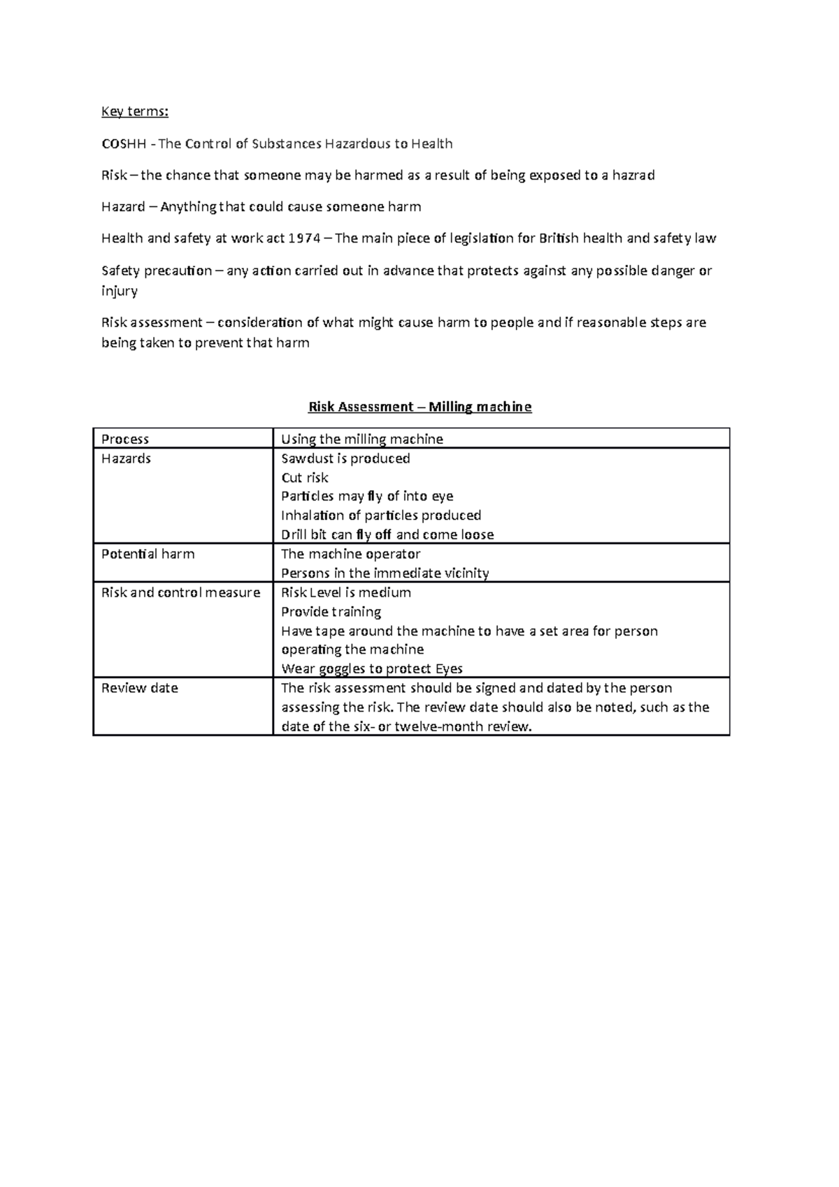 Milling machine - Risk Assesment - Key terms: COSHH - The Control of ...