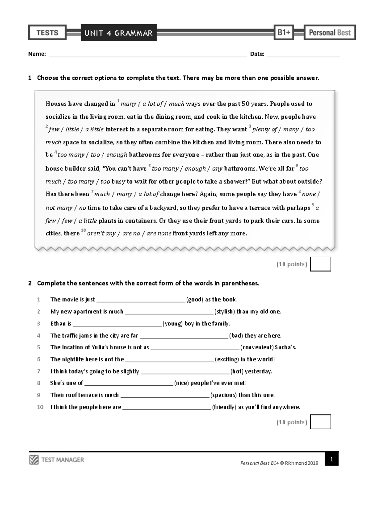 Personal Best B1+ Unit 4 Grammar test - UNIT 4 GRAMMAR 1 Personal Best ...