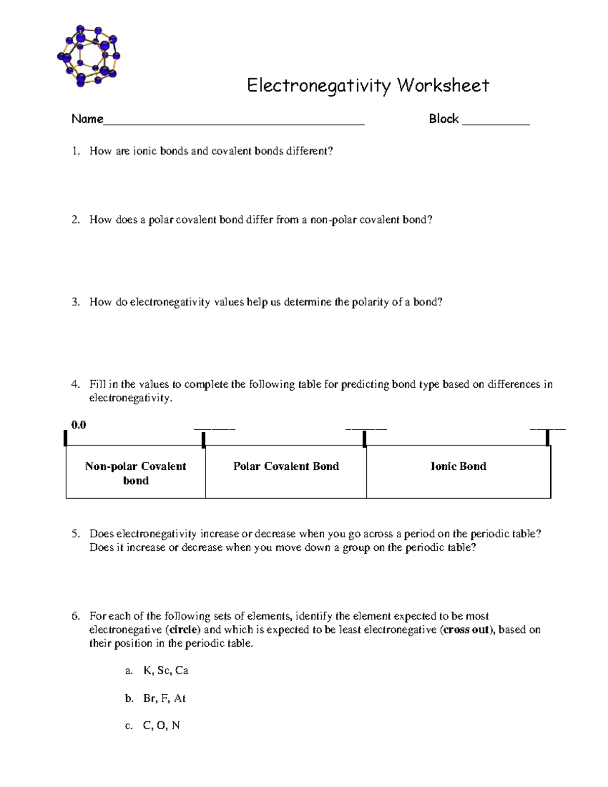 Electronegativity worksheet 1 - Electronegativity Worksheet Name