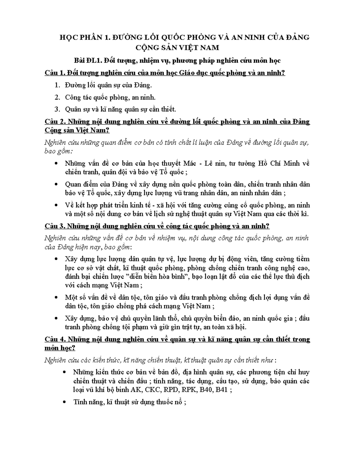 Đáp án hp1 - GDQP HP1 +HP2 - HỌC PHẦN 1. ĐƯỜNG LỐI QUỐC PHÒNG VÀ AN NINH CỦA ĐẢNG CỘNG SẢN VIỆT ...