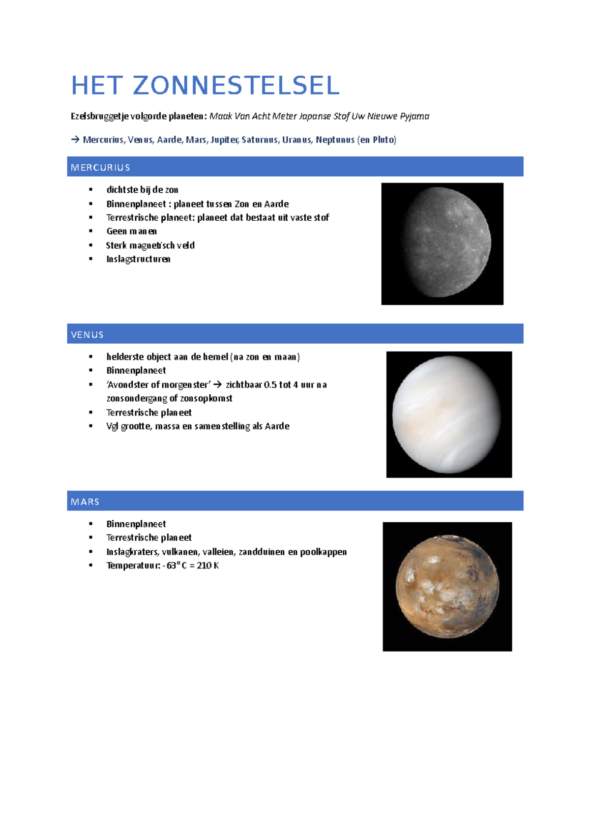 Het zonnestelsel - HET ZONNESTELSEL Ezelsbruggetje volgorde planeten ...