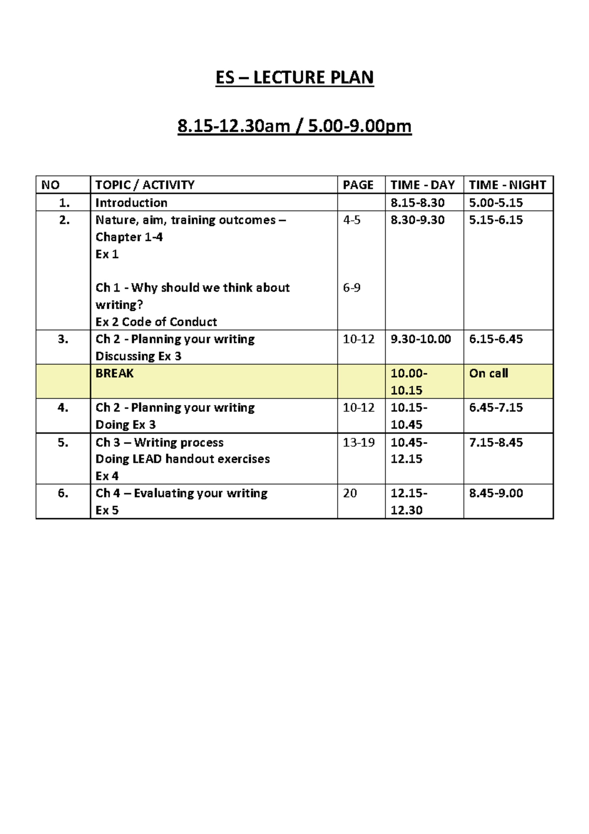 Lecture Plan - Writing Skills 2024 - ES – LECTURE PLAN 8.15-12 / 5.00-9 ...