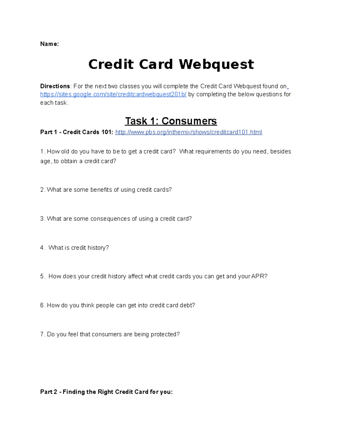 Credit Card Webquest - google/site/creditcardwebquest201b/ by ...