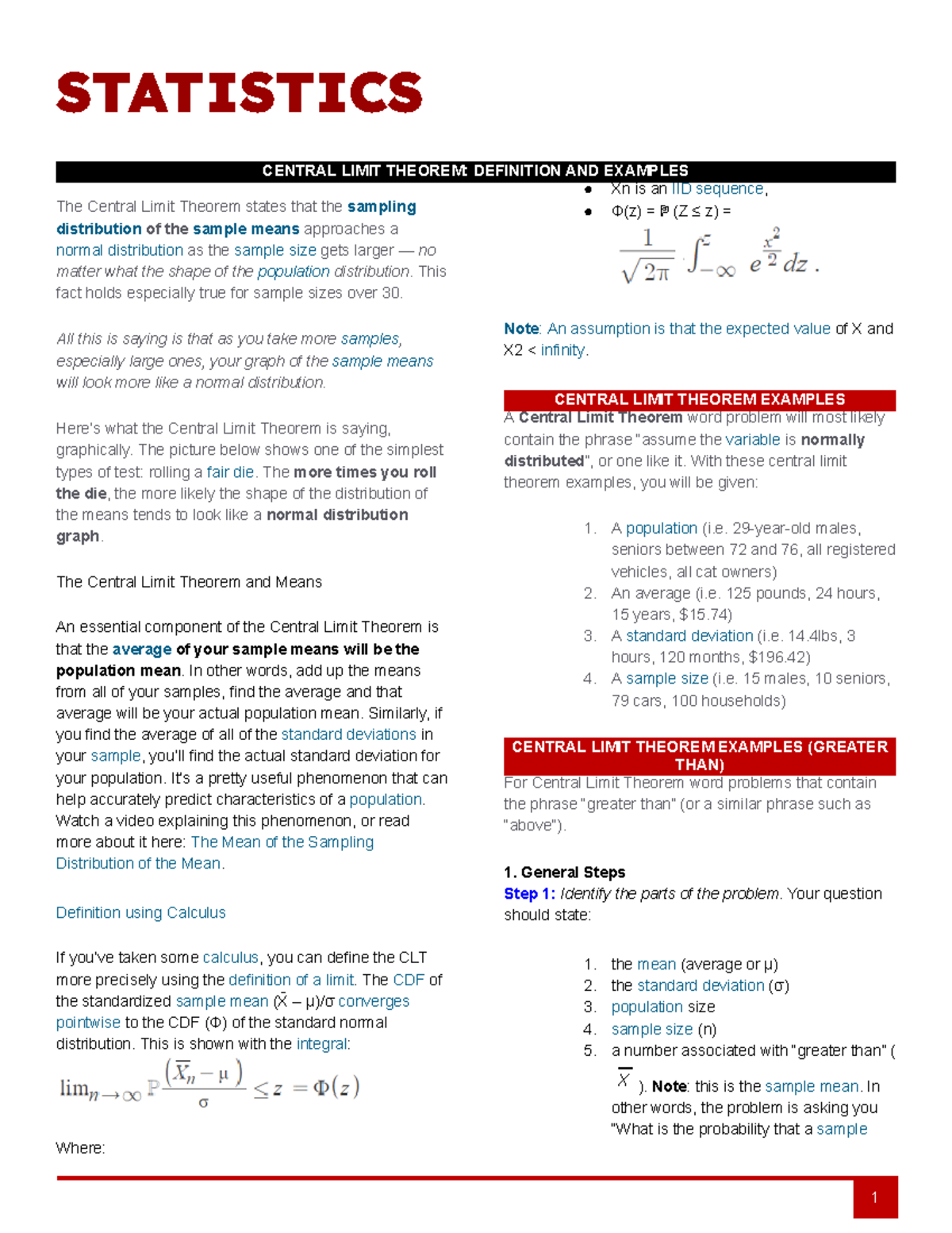 Statistics Central Limit - STATISTICS CENTRAL LIMIT THEOREM: DEFINITION AND EXAMPLES The Central ...