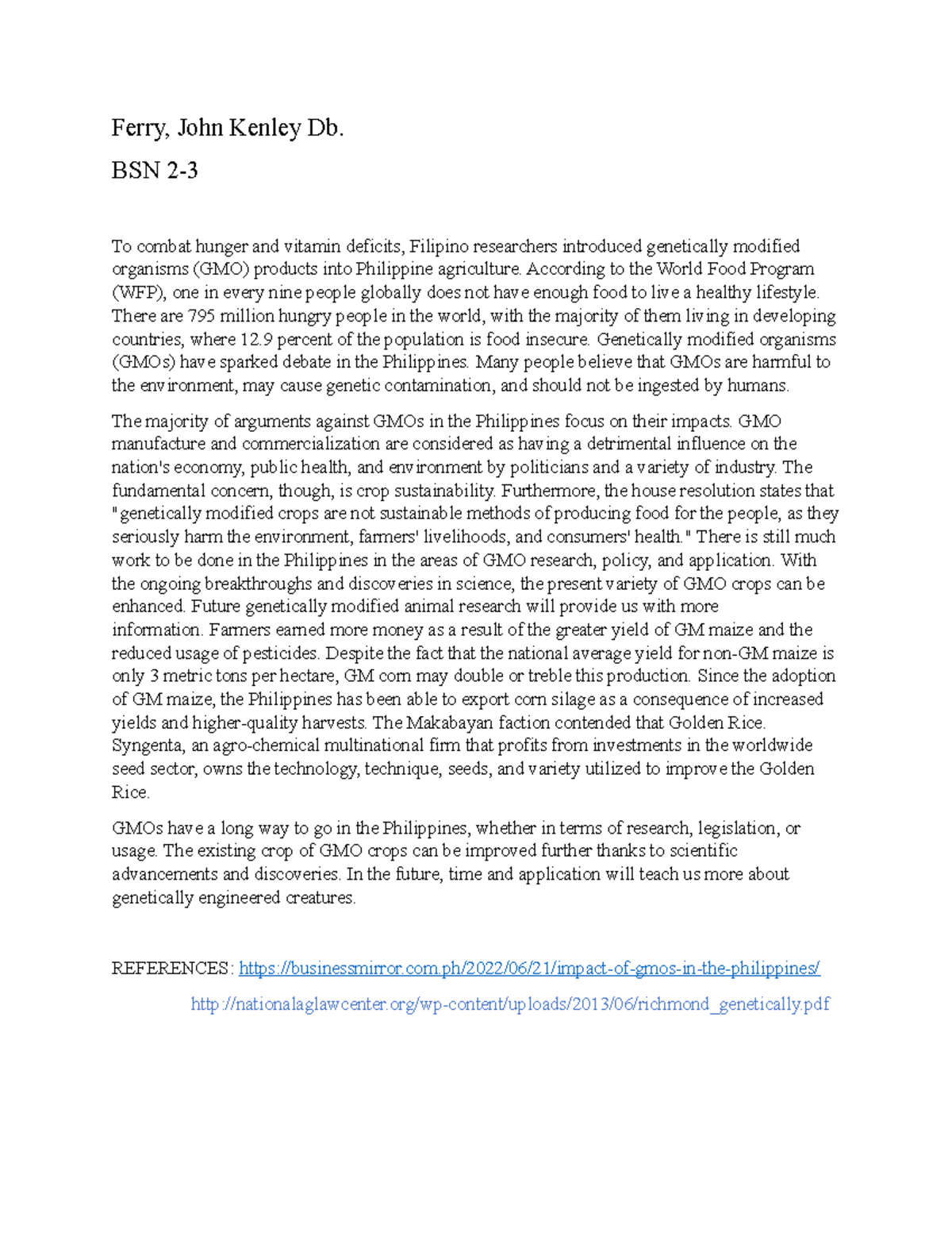 Ferry, John Kenley-GMO - Ferry, John Kenley Db. BSN 2- To combat hunger and vitamin deficits ...