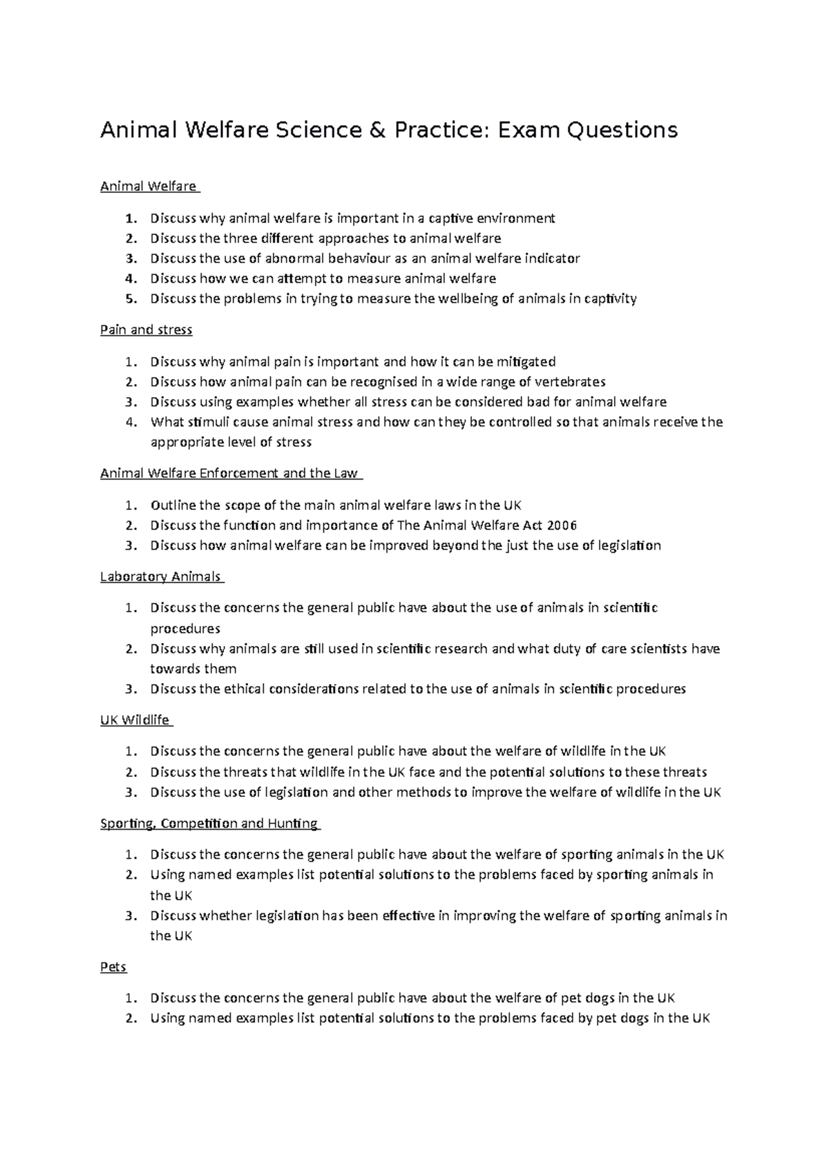 Exam Questions - revision - Animal Welfare Science & Practice: Exam ...