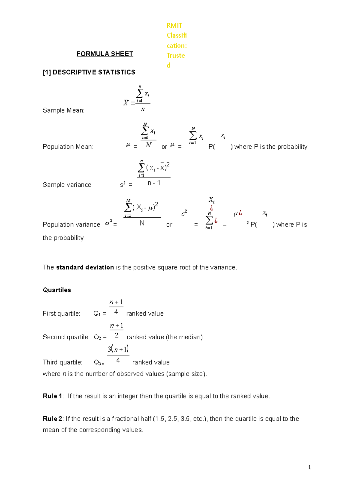 Formula sheet (business stats 1) - FORMULA SHEET [1] DESCRIPTIVE ...