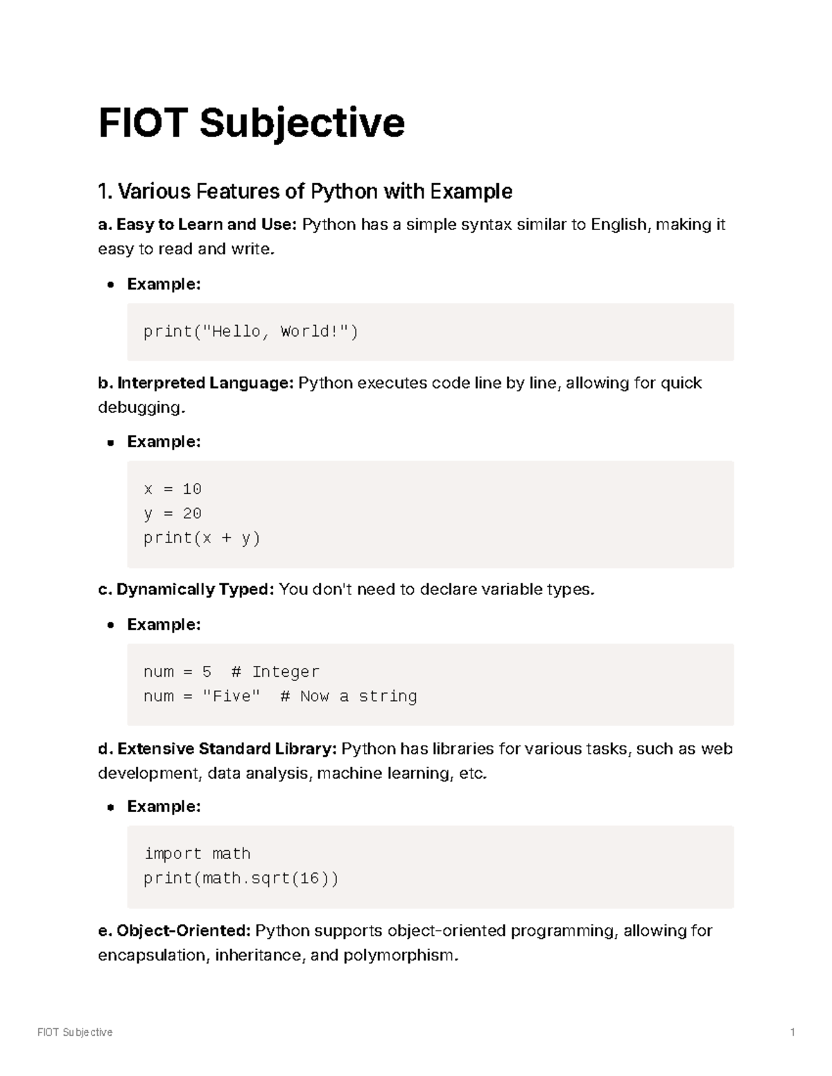 FIOT Subjective Questions Chapter 3-5 - FIOT Subjective 1. Various ...