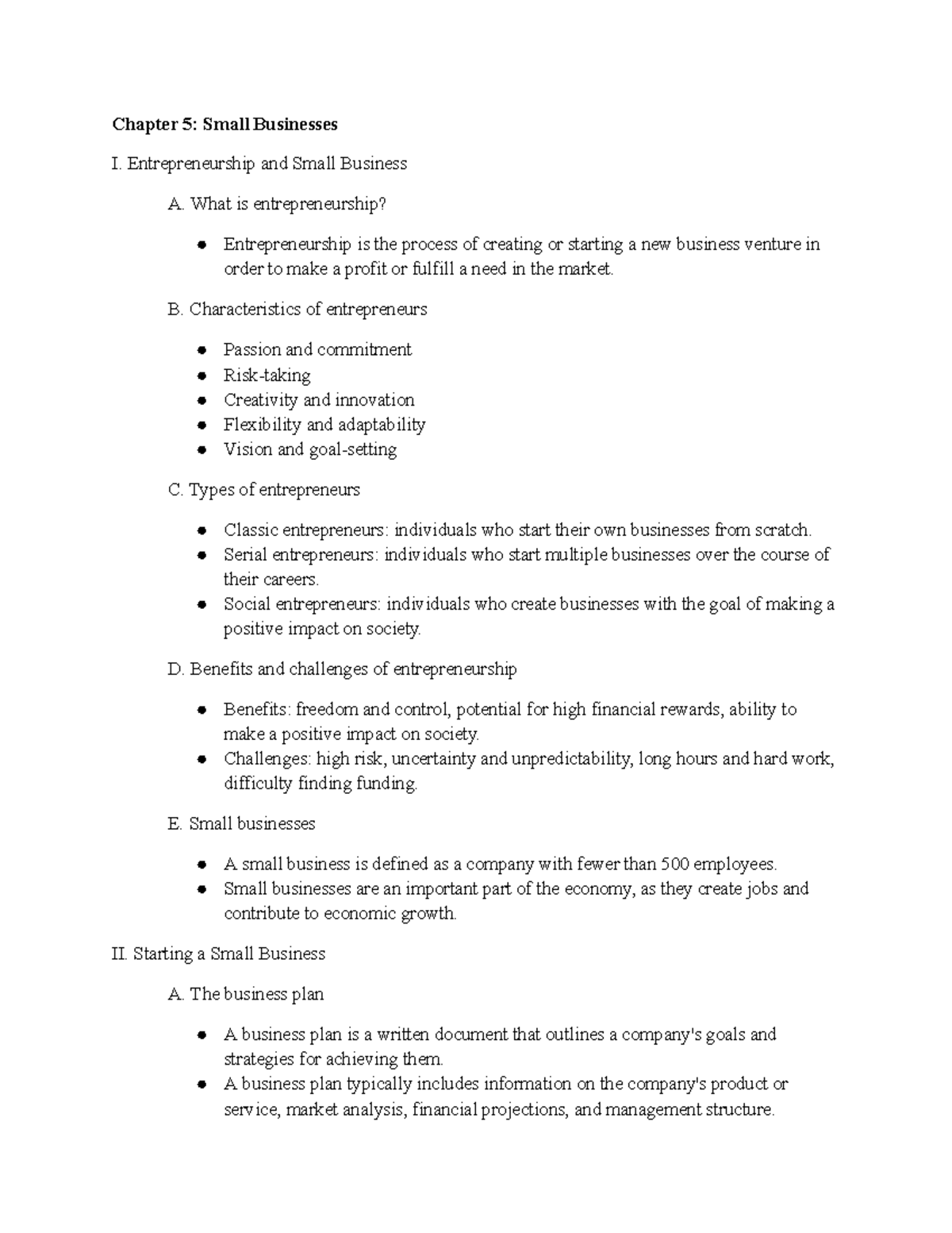 BUS 101 Chapter 5 - BUS 101 Notes for Ch 5 - Chapter 5: Small ...
