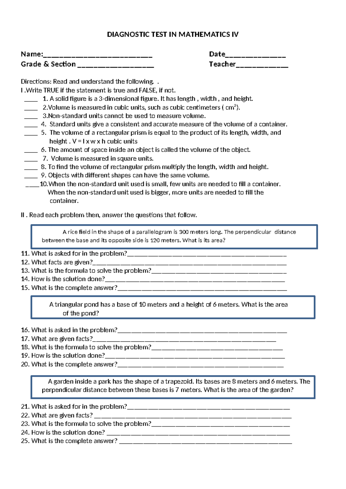 PT Mathematics 4 - Q4 V2 - DIAGNOSTIC TEST IN MATHEMATICS IV Name