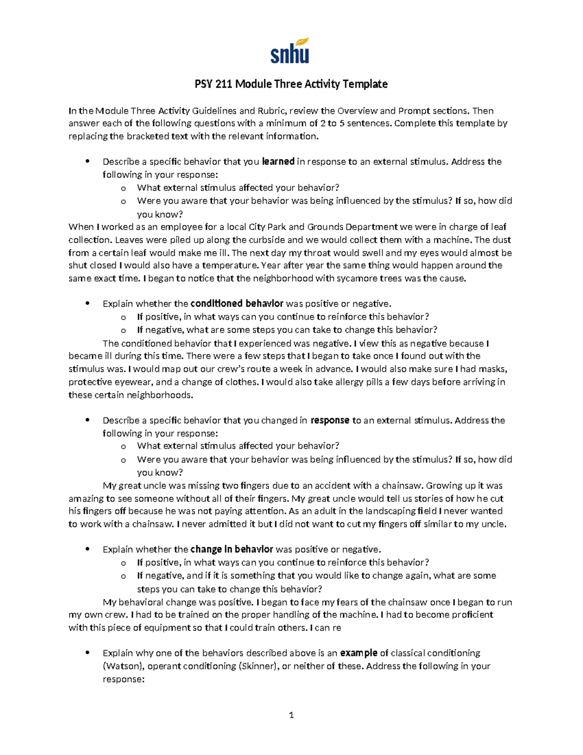 PSY 211 Module Three Activity Template - Then answer each of the ...