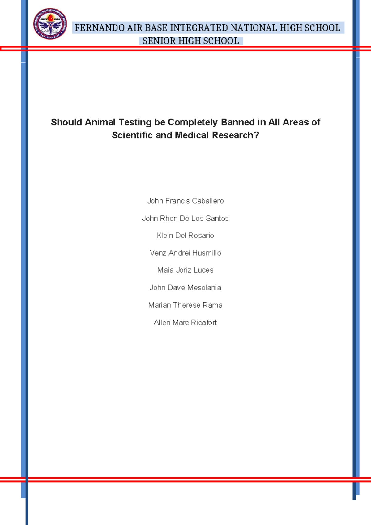 Position Paper EAPP G4 - SENIOR HIGH SCHOOL Should Animal Testing be ...