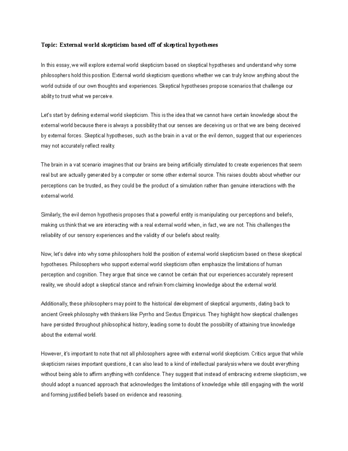 Philosophy Exam 2 - Exam number 2 - Topic: External world skepticism ...