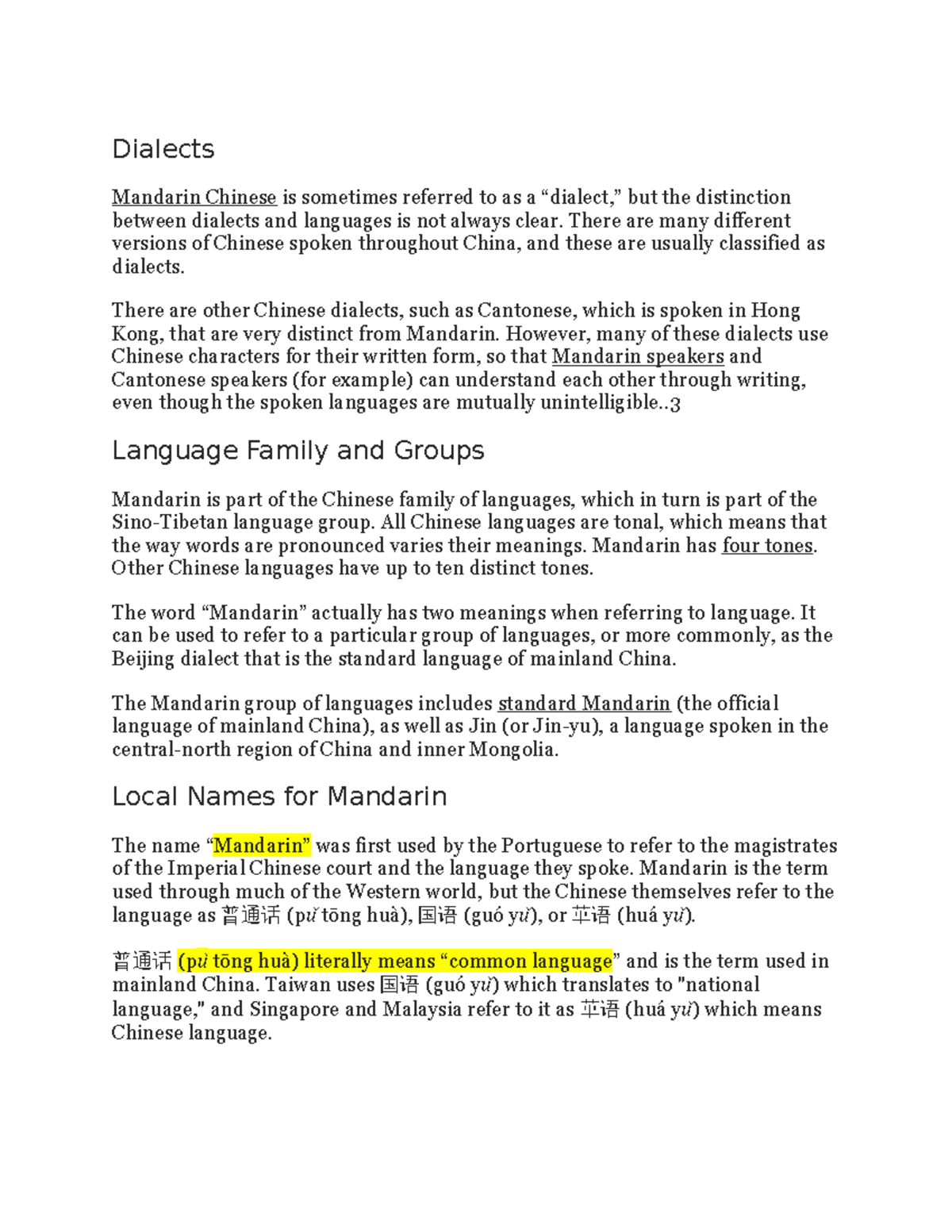 FL Lesson 1 History - foreign language - Dialects Mandarin Chinese is sometimes referred to as a ...