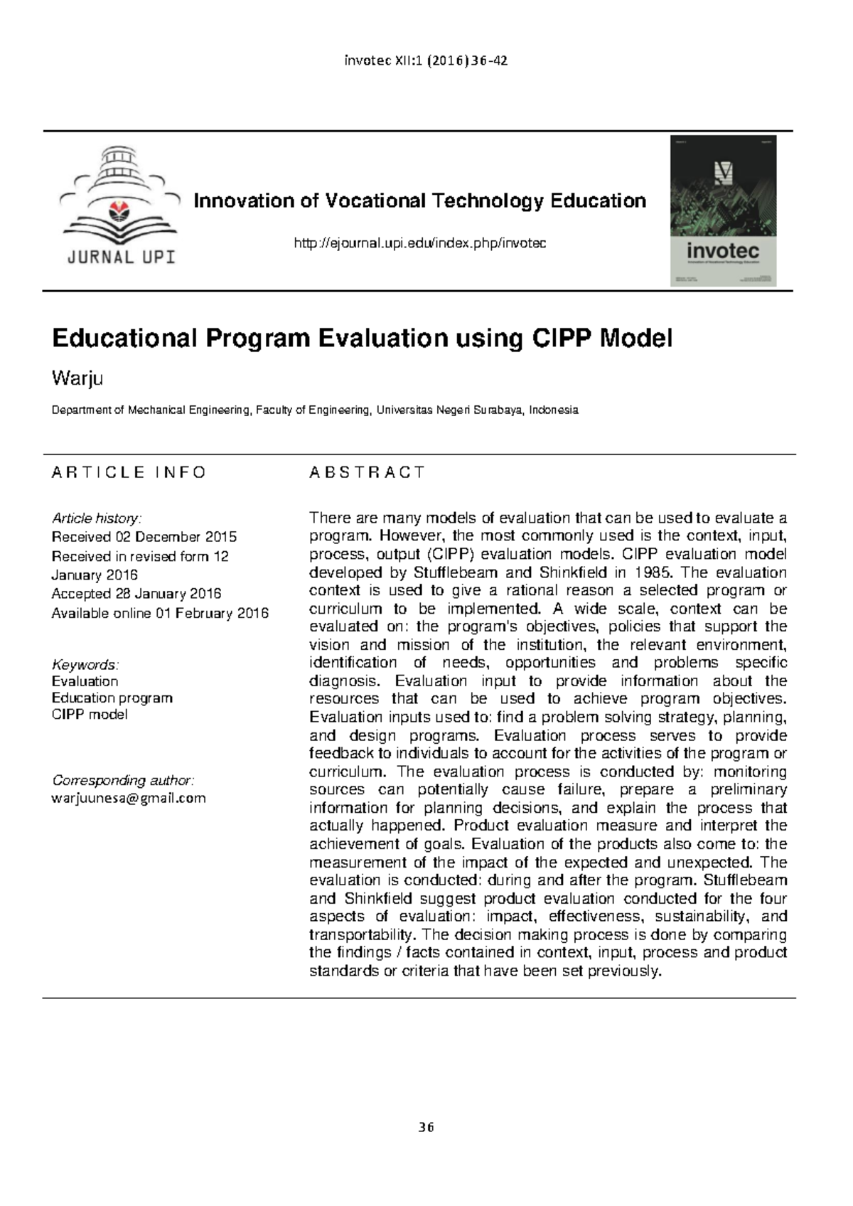 Educational Program Evaluation using CIPP Model - Innovation of ...