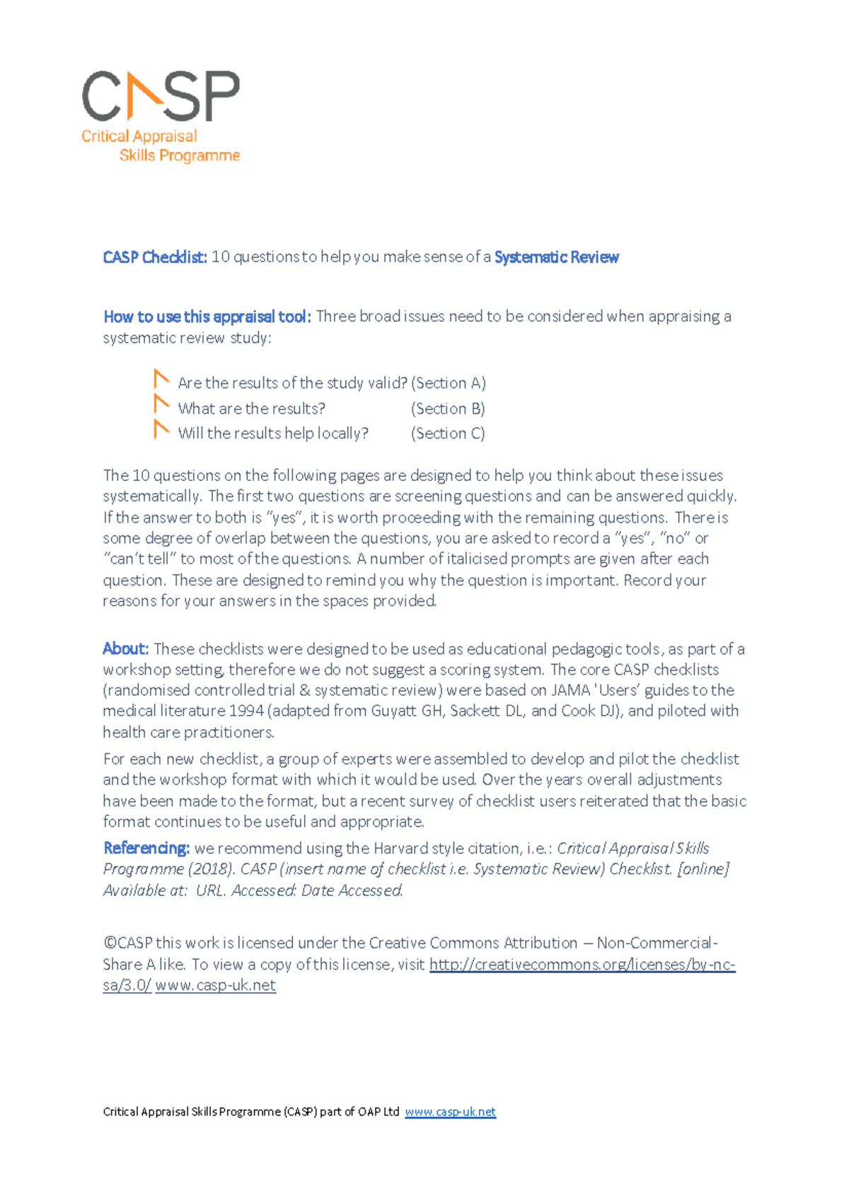 Casp systematic review checklist - Critical Appraisal Skills Programme ...