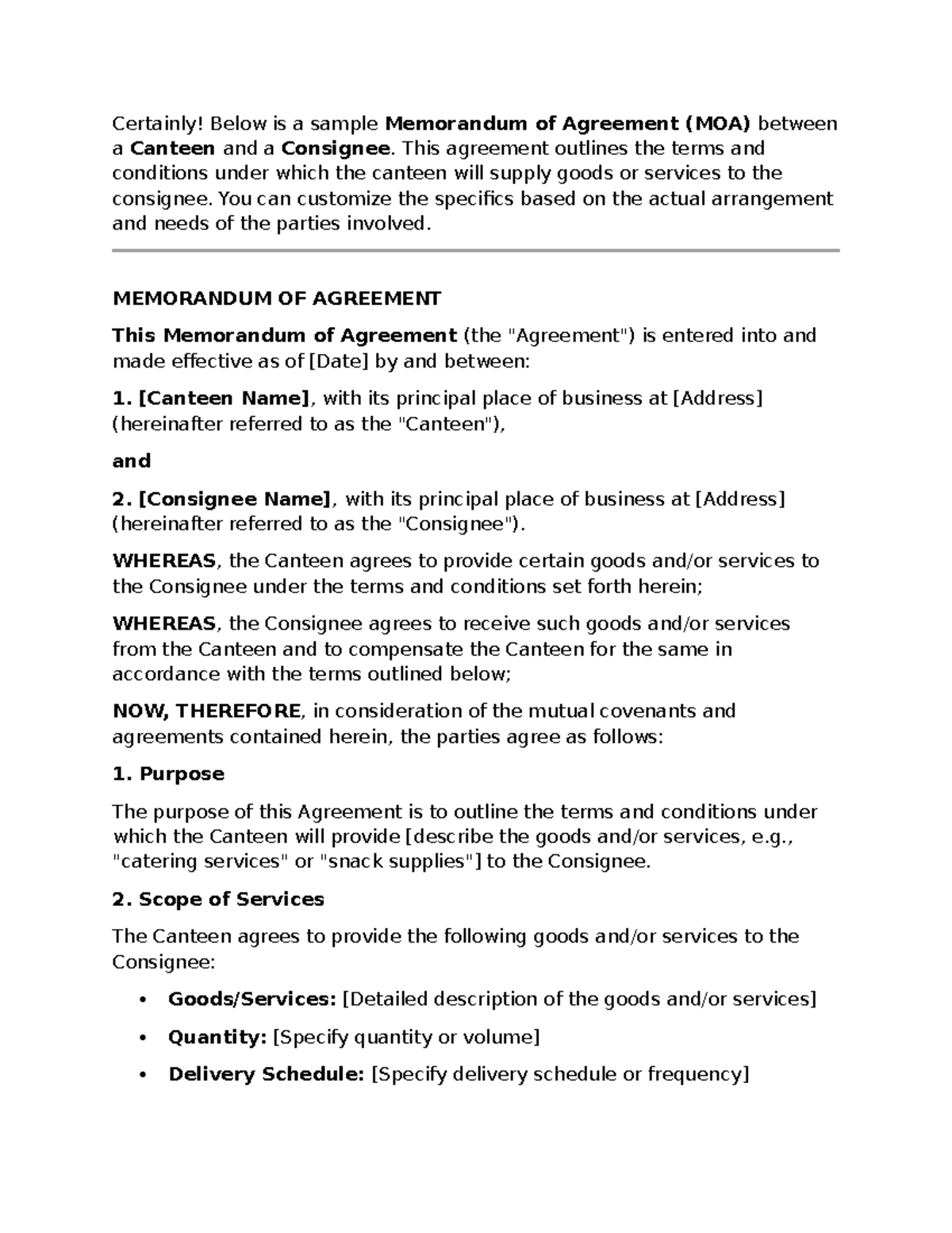 MOA - school and supplier agreement - Certainly! Below is a sample ...
