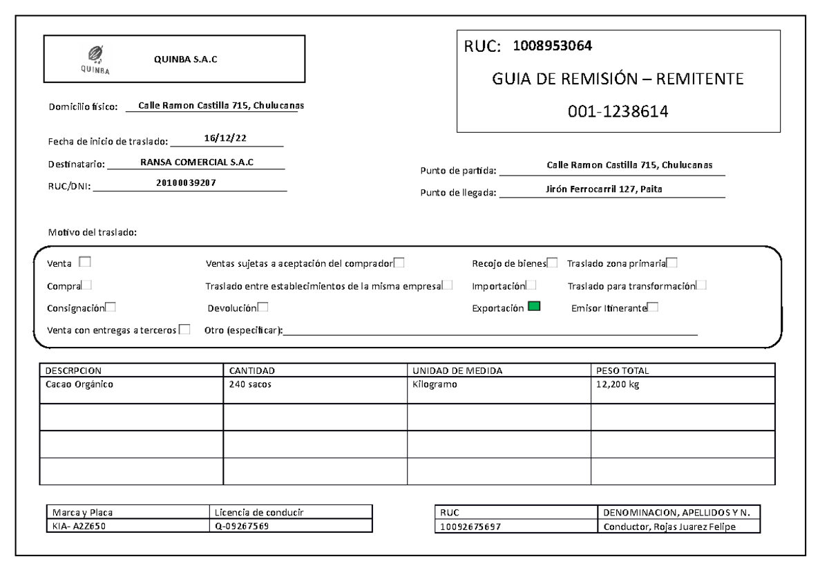 Guia de Remision - Es un documento de transporte de mercancias - QUINBA ...