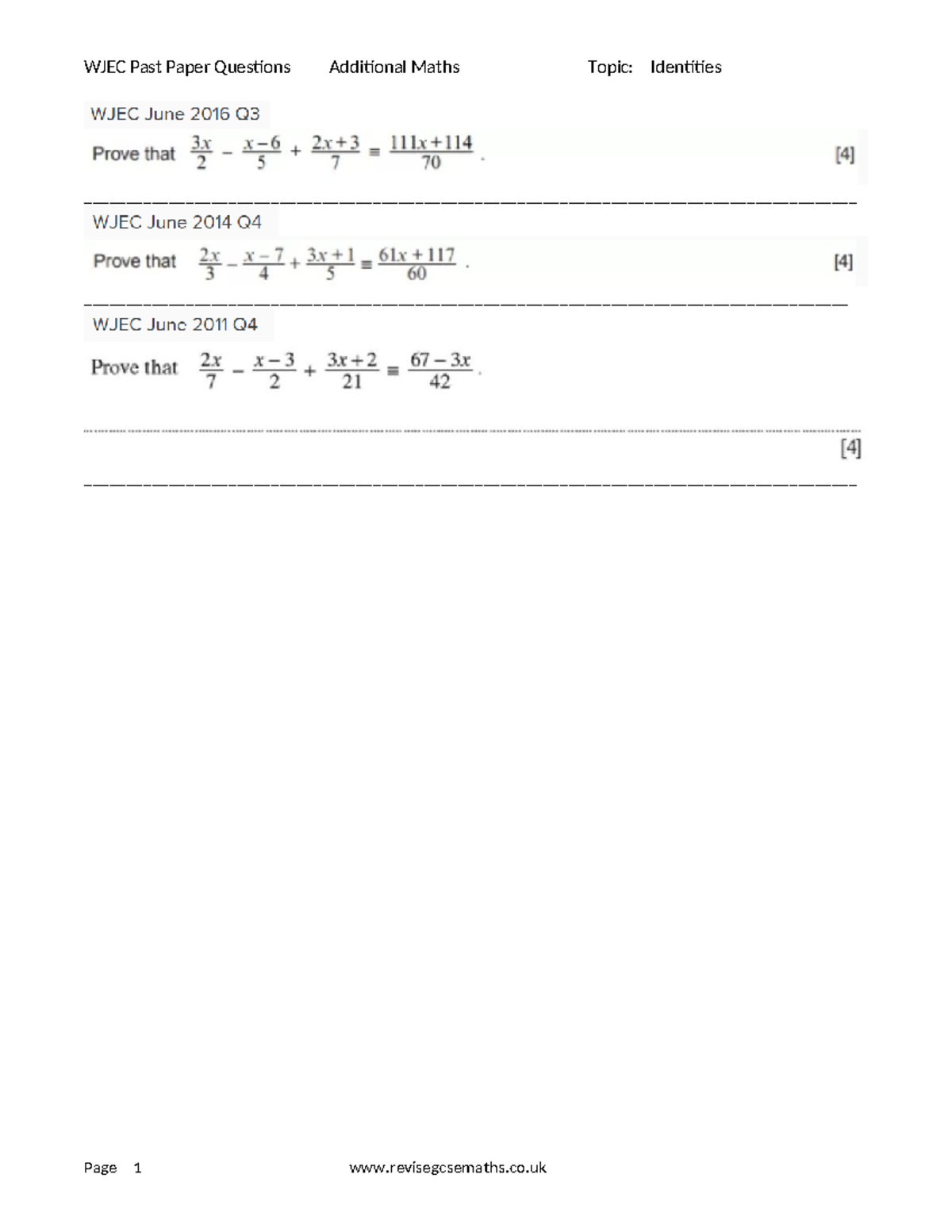 Identities WJEC PP questions - WJEC Past Paper Questions Additional ...