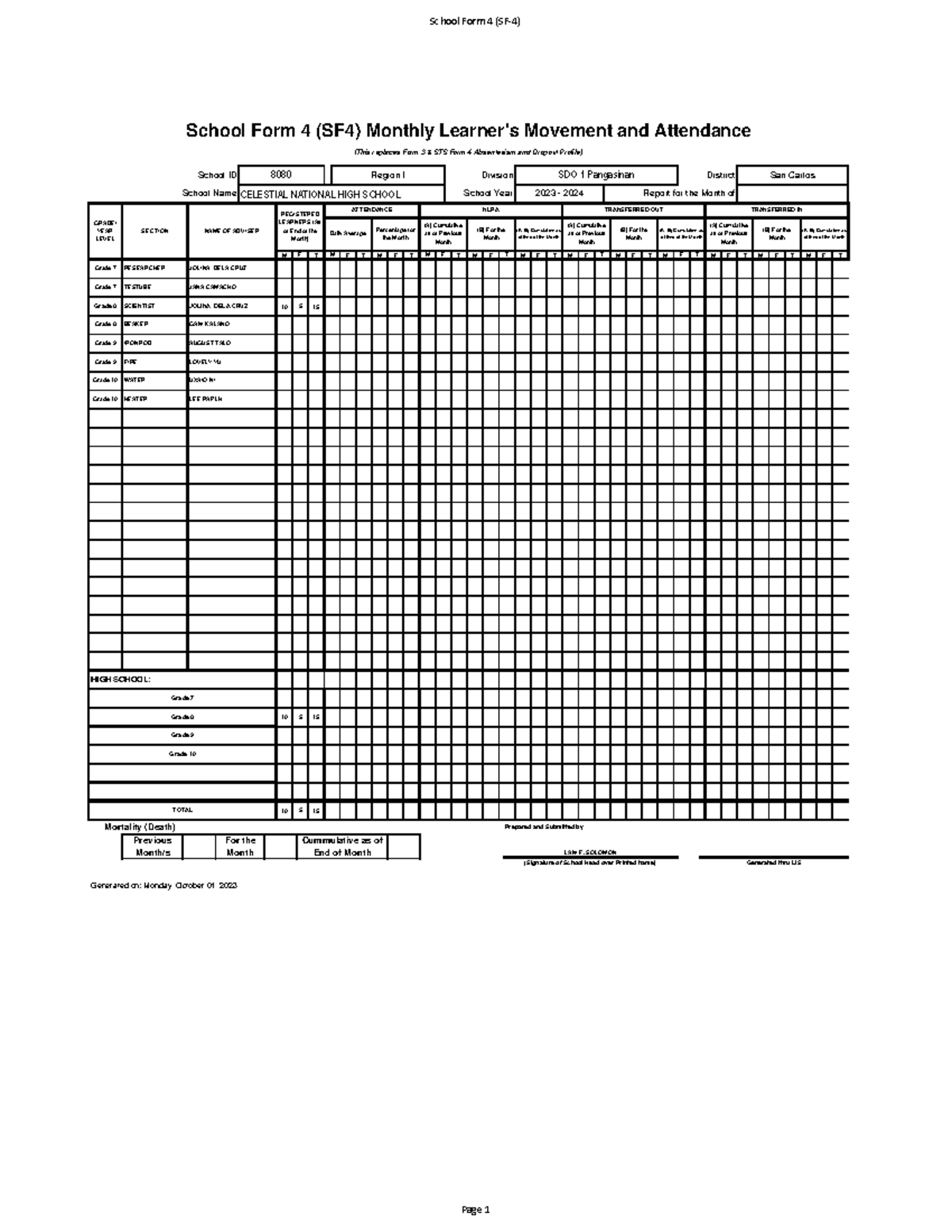 SF4-JO - Summary - School Form 4 (SF-4) CELESTIAL NATIONAL HIGH SCHOOL ...