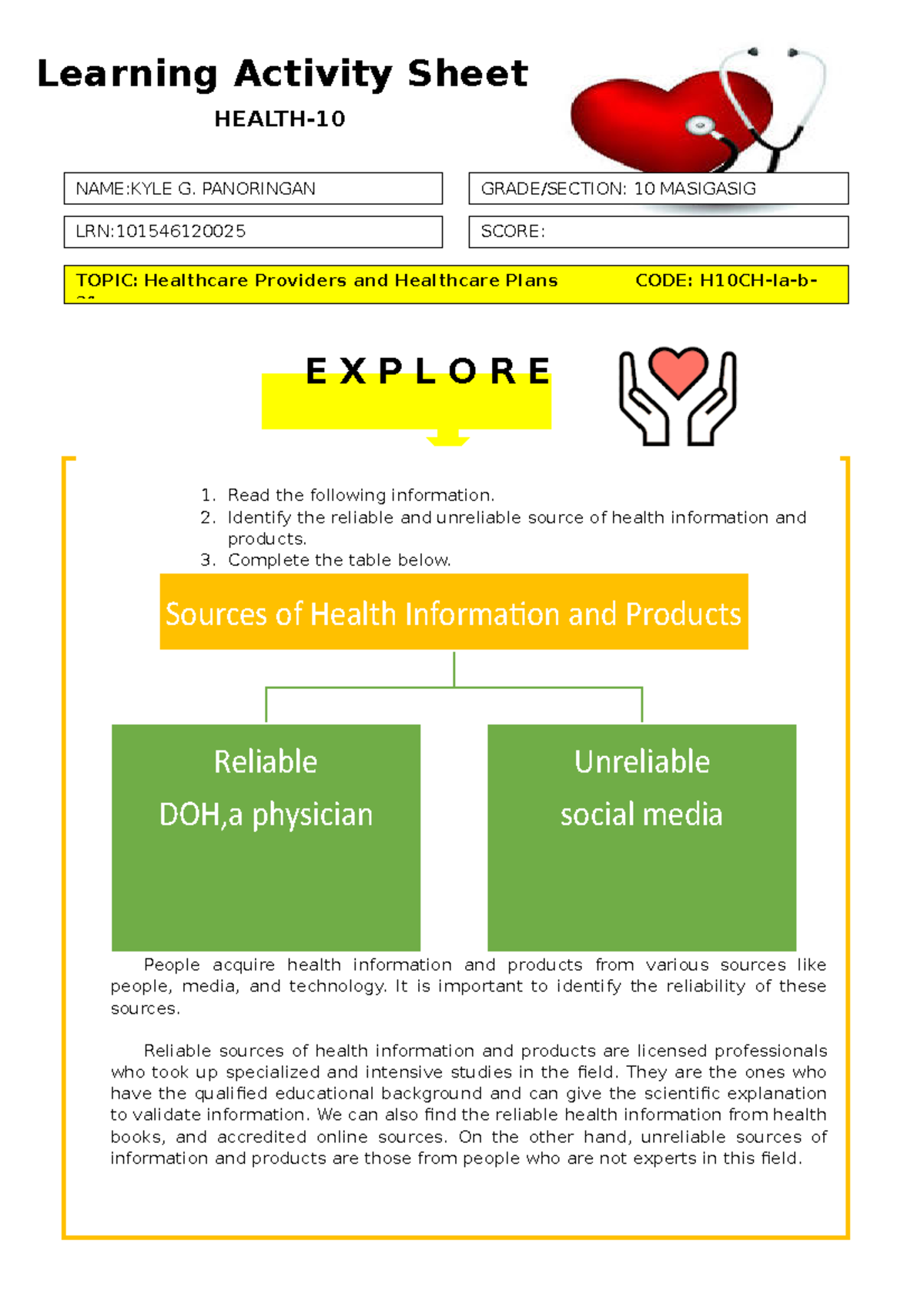 LAS Health 10 DAY 2 Healthcare Providers - Learning Activity Sheet ...