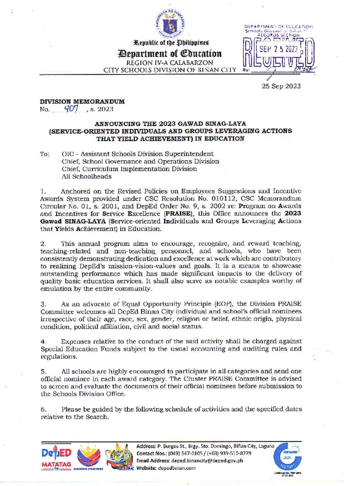 DM No - Sample memorandum - NG G DEPARTMENT OF Schools Division of ...