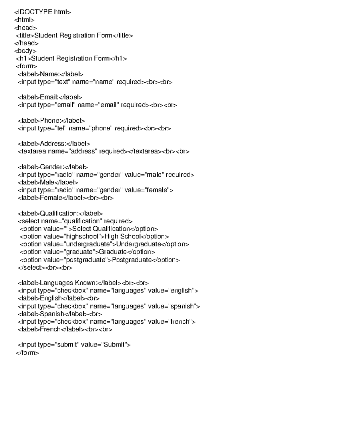 HTML Lab practical Question 1 - Student Registration Form - - Studocu