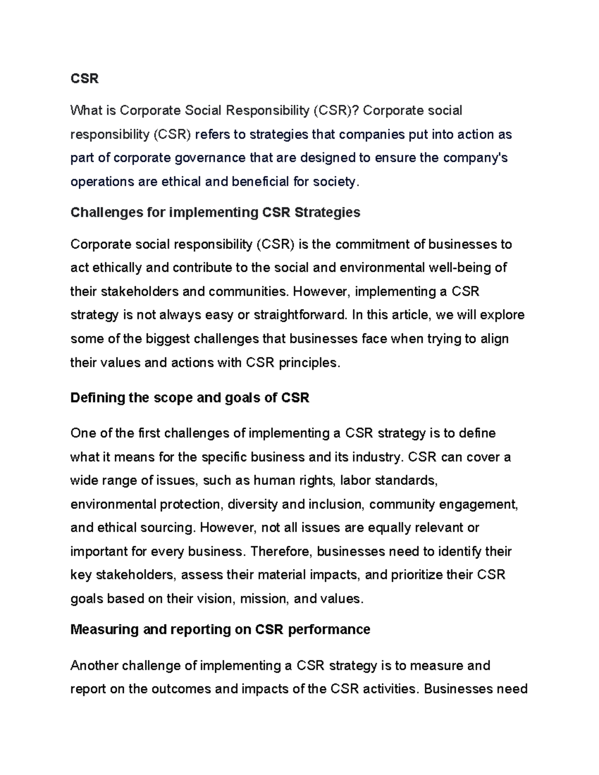 What is Corporate Social Responsibility - Challenges for implementing ...