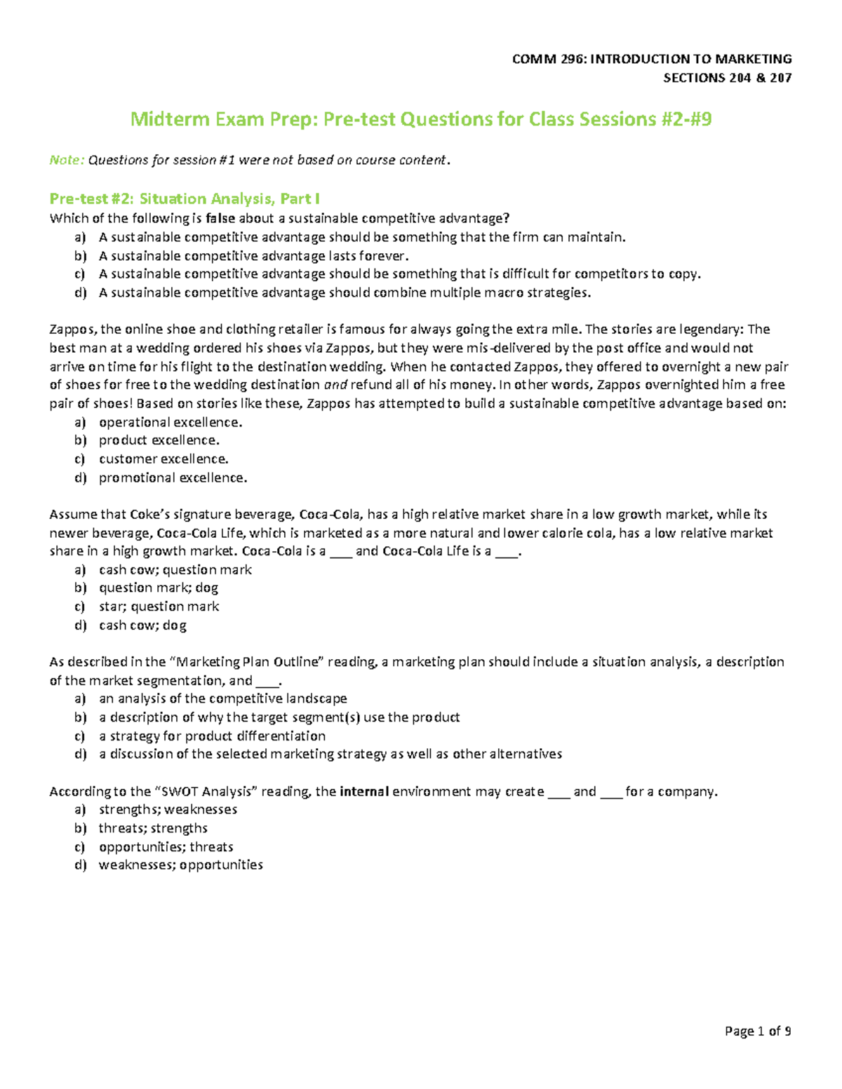 Pre Test Answers , pre class assignment - SECTIONS 204 & 207 Midterm ...