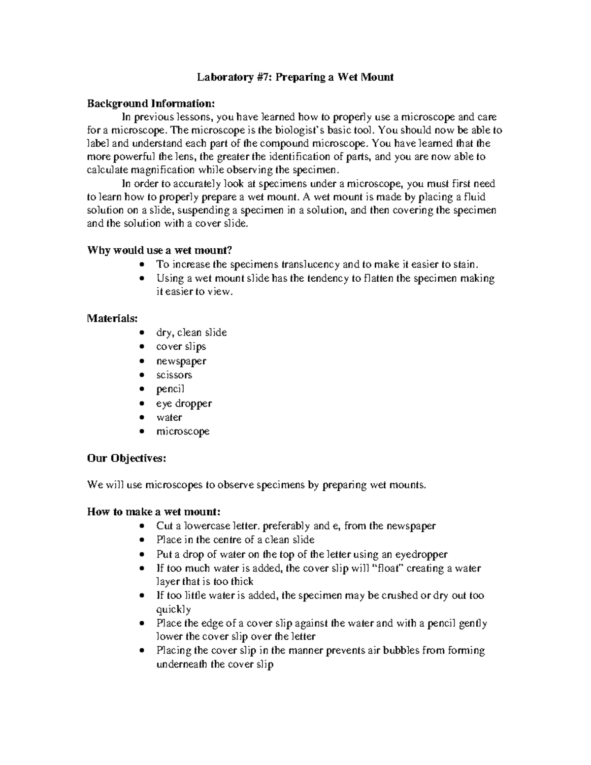 Lab 08 - Wet Mounts I - Laboratory #7: Preparing a Wet Mount Background ...