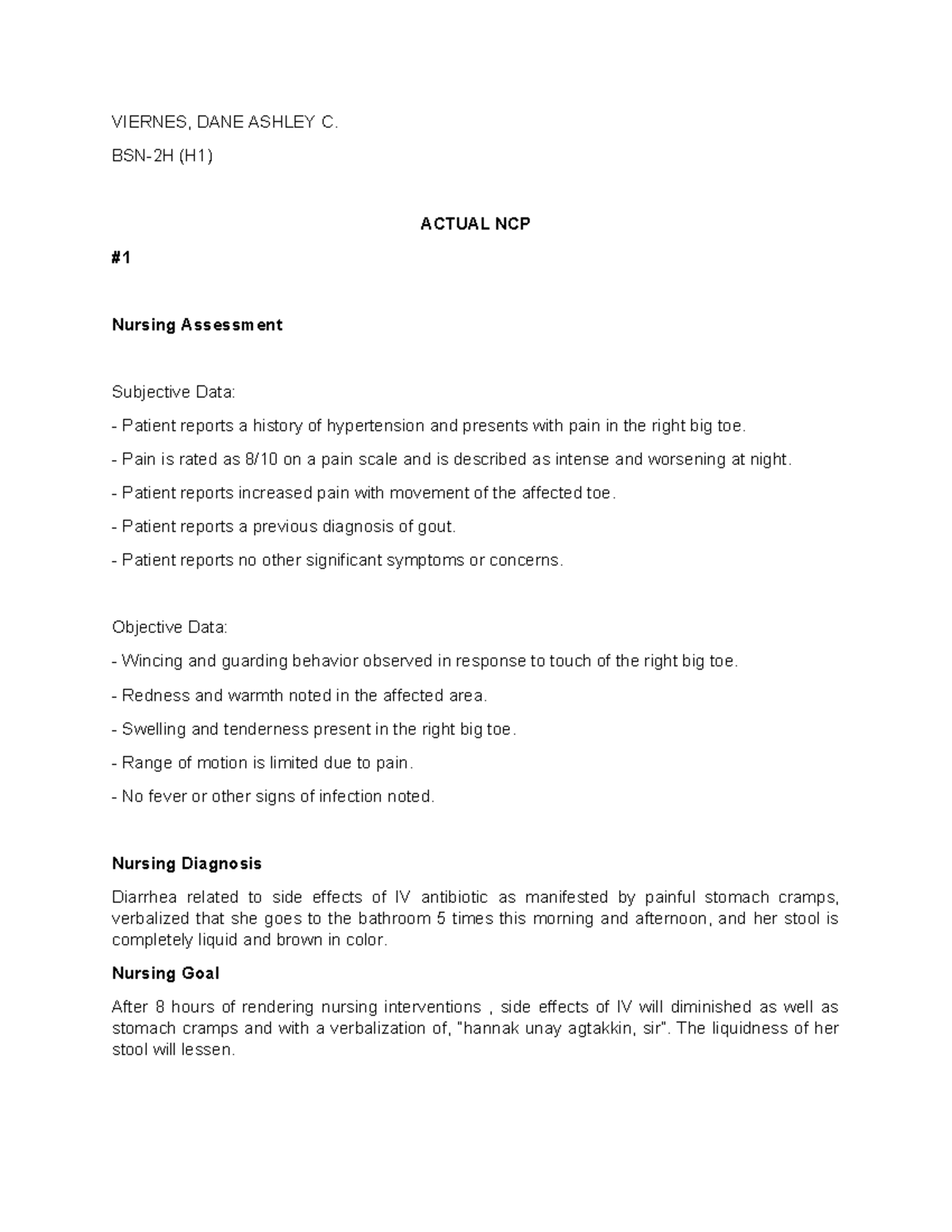 Final DOCS-SIR RJ - VIERNES, DANE ASHLEY C. BSN-2H (H1) ACTUAL NCP Nursing Assessment Subjective ...