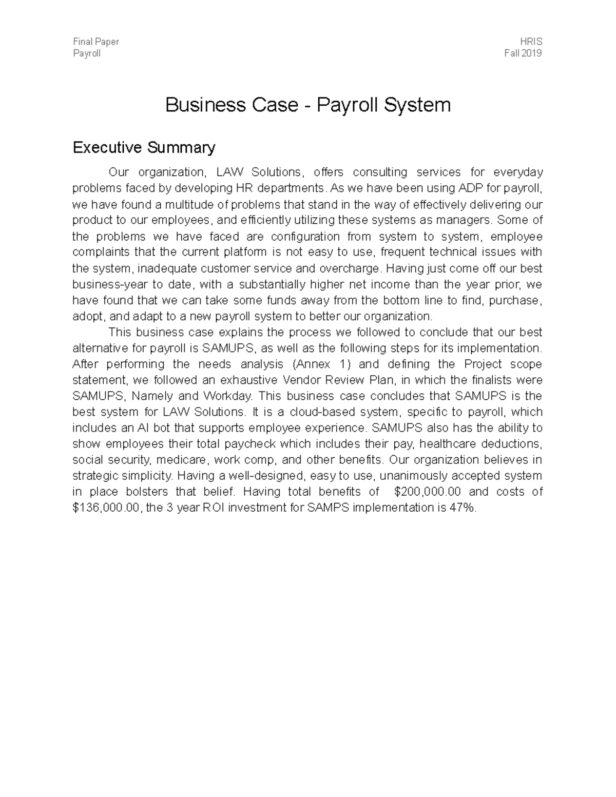 Business Case Example - Payroll - Payroll Fall 2019 Business Case ...