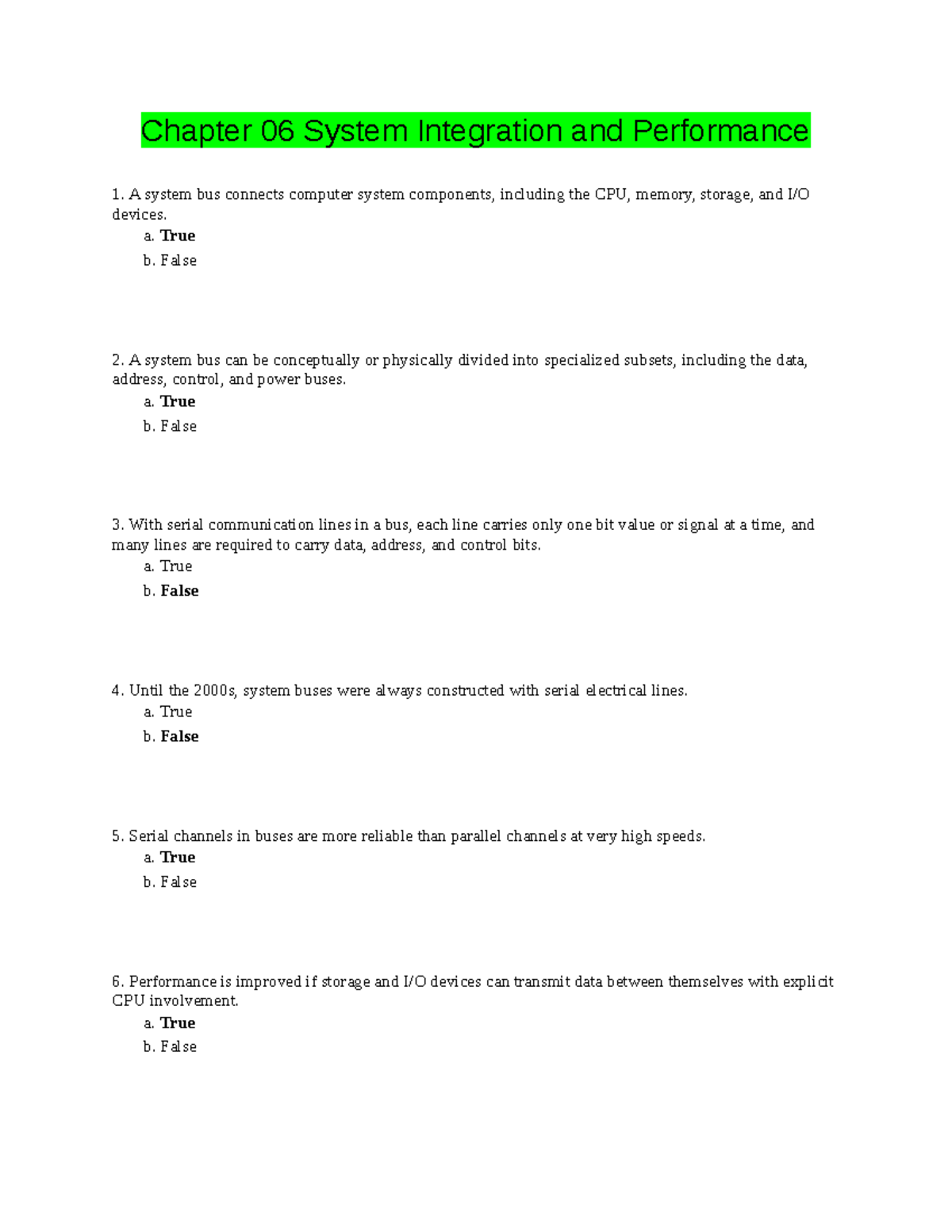 Computer Architecture Quizzz KEY - Chapter 06 System Integration and ...