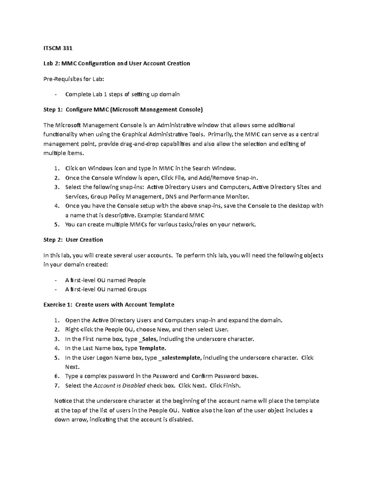 Itscm 331 Lab 2 MMC Configuration and User Account Creation-1 - ITSCM ...
